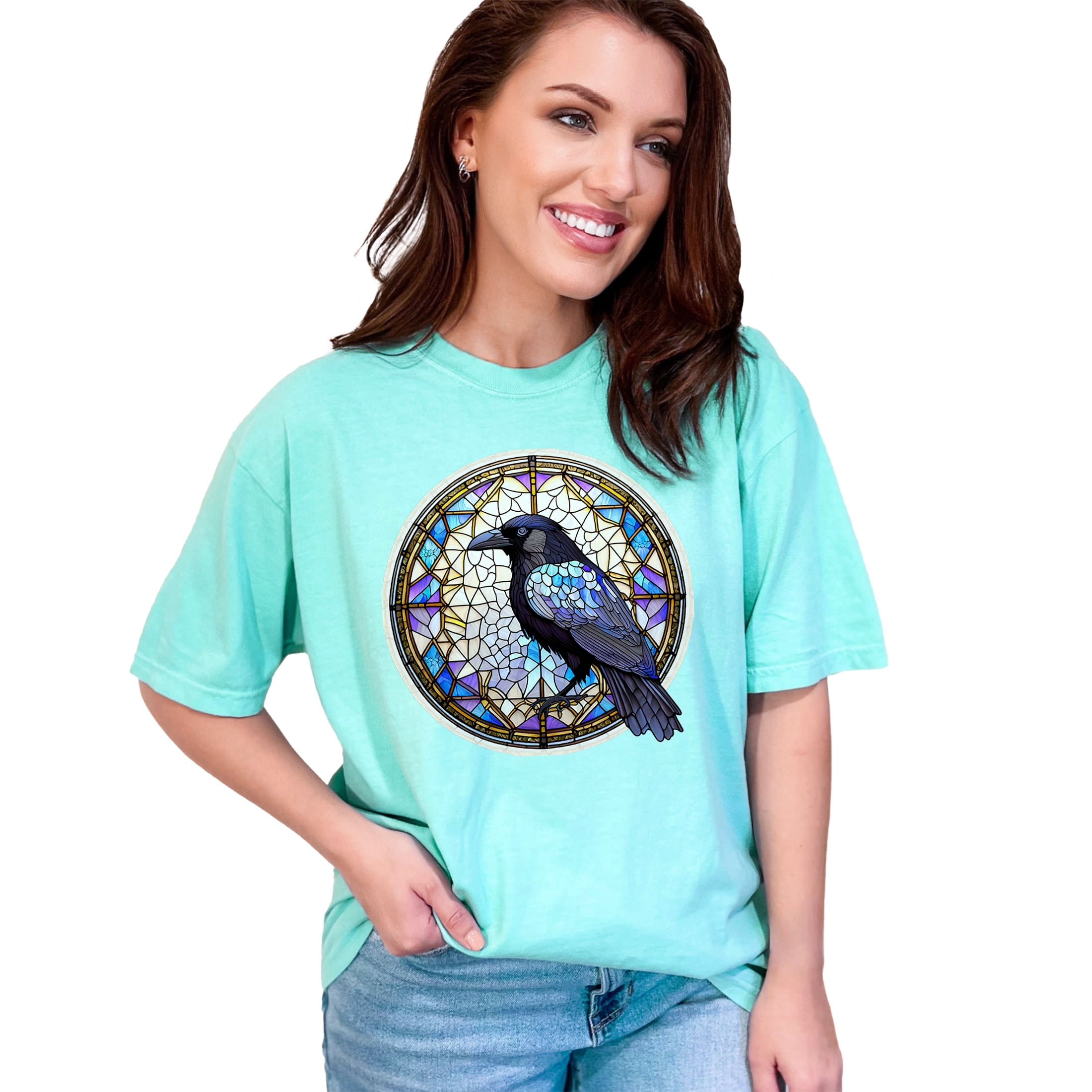 Gothic Raven Stained Glass Window Art T-Shirt, Unique Crow Design Tee ...