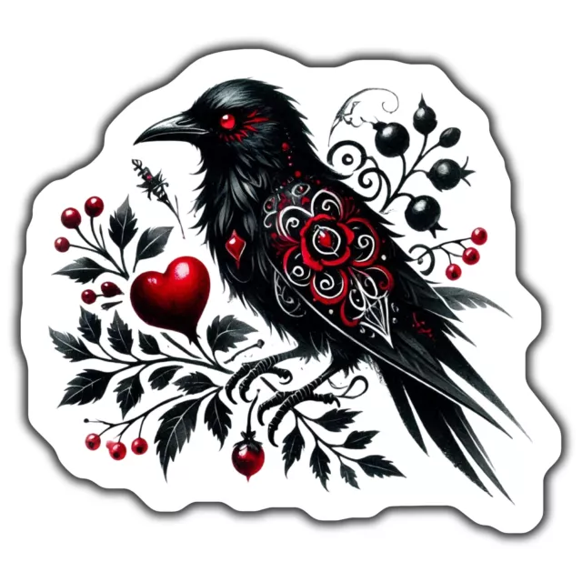 Gothic Raven Sticker, Heart And Flowers, Unique Vinyl Decal, Artful ...