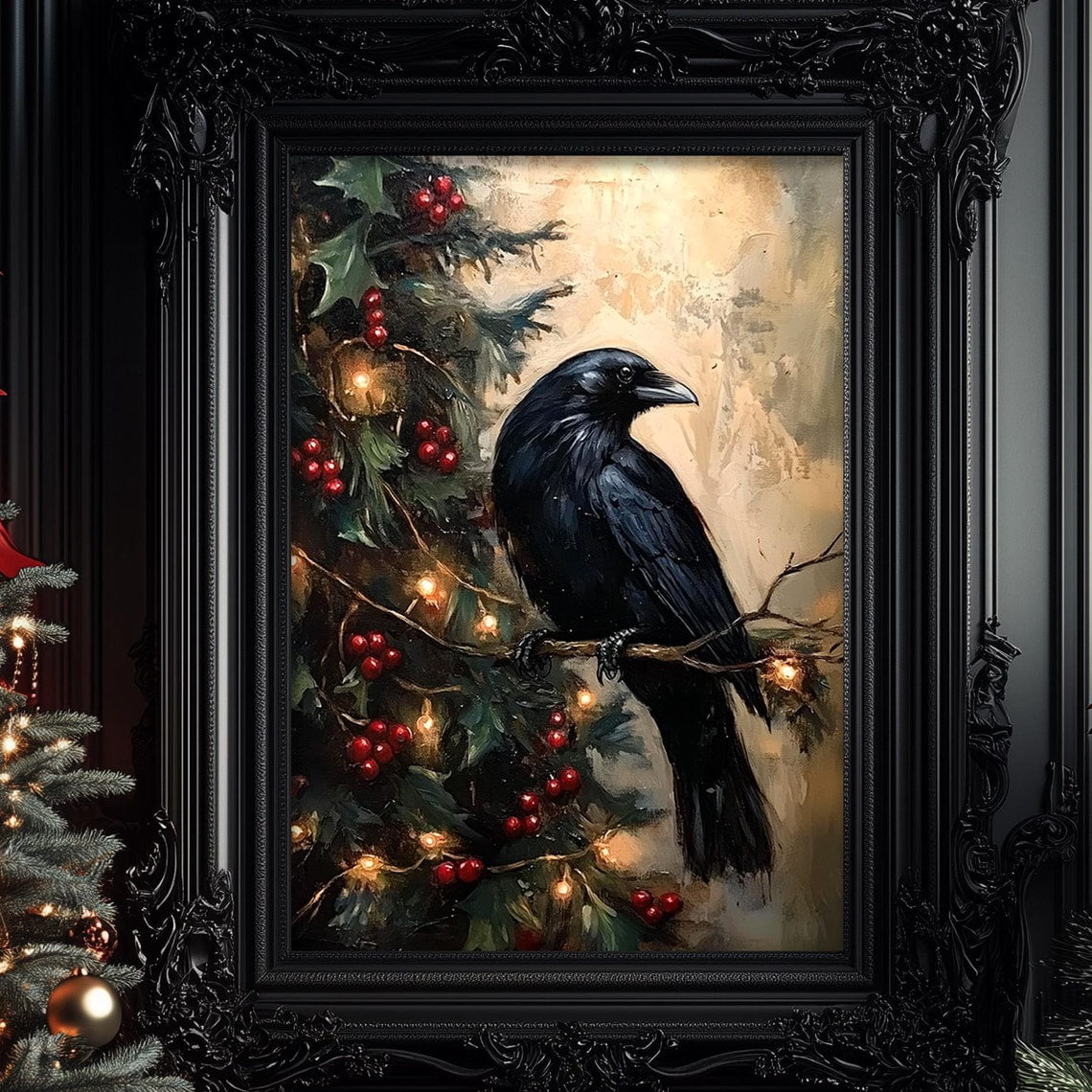 Gothic Raven On Tree Print, Vintage Wall Art, Gothmas Painting ...