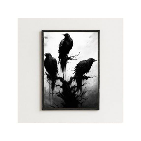 Gothic Raven Wall Art Poster: Three Crows On Withered Tree, Stretched ...