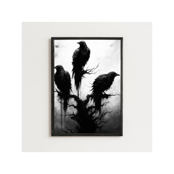 Gothic Raven Wall Art Poster: Three Crows On Withered Tree, Unframed ...