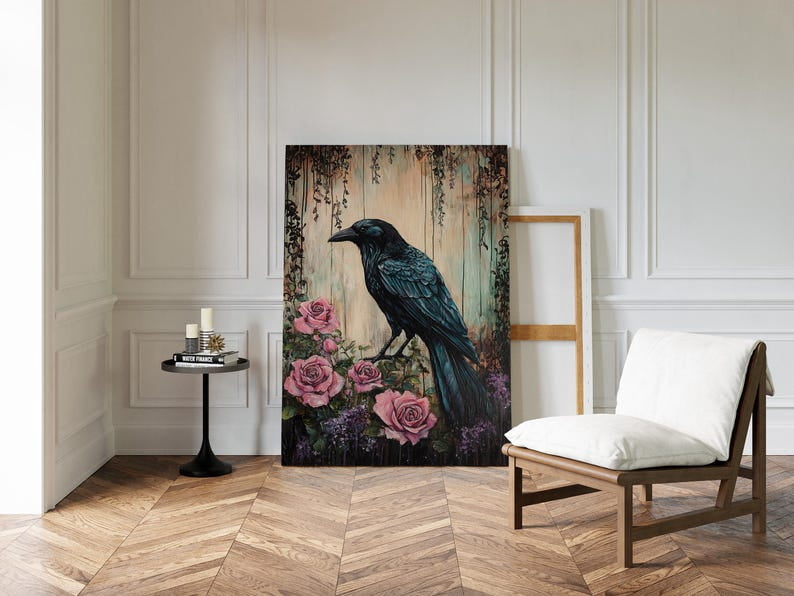 Gothic Raven and Pink Rose Garden Canvas Wall Art for Mysterious and ...