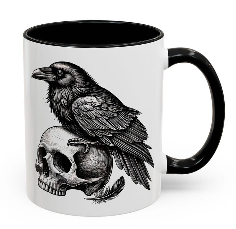 Gothic Raven and Skull Mug Dark Aesthetic Coffee Cup abre Crow Art ...