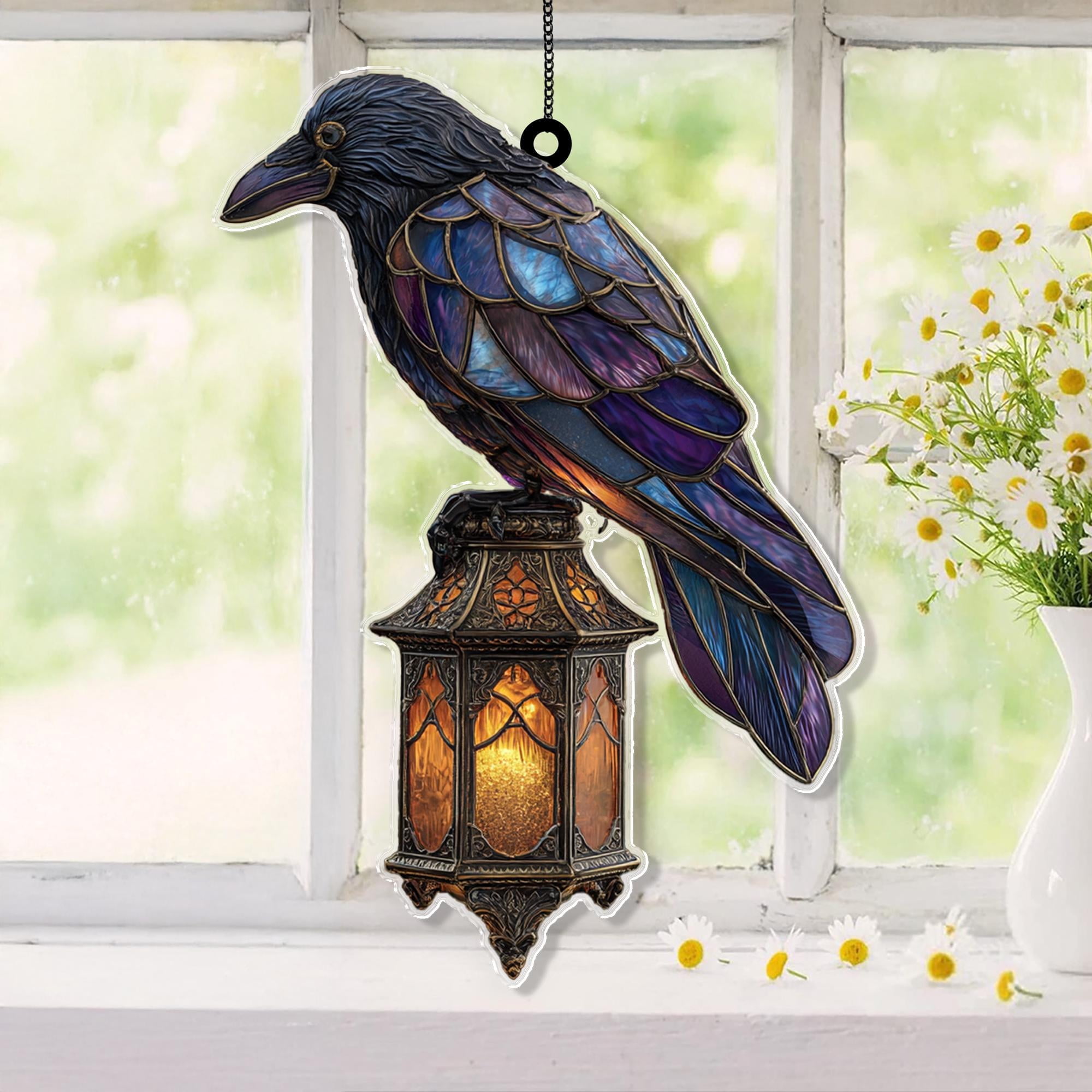 Gothic Raven on Lantern Faux Stained Glass Suncatcher Halloween Crow ...