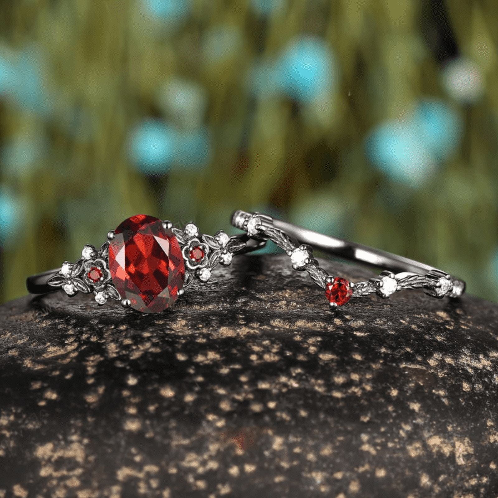Gothic Red Garnet Engagement Ring Set - 14K Rhodium Black Gold Finish ...