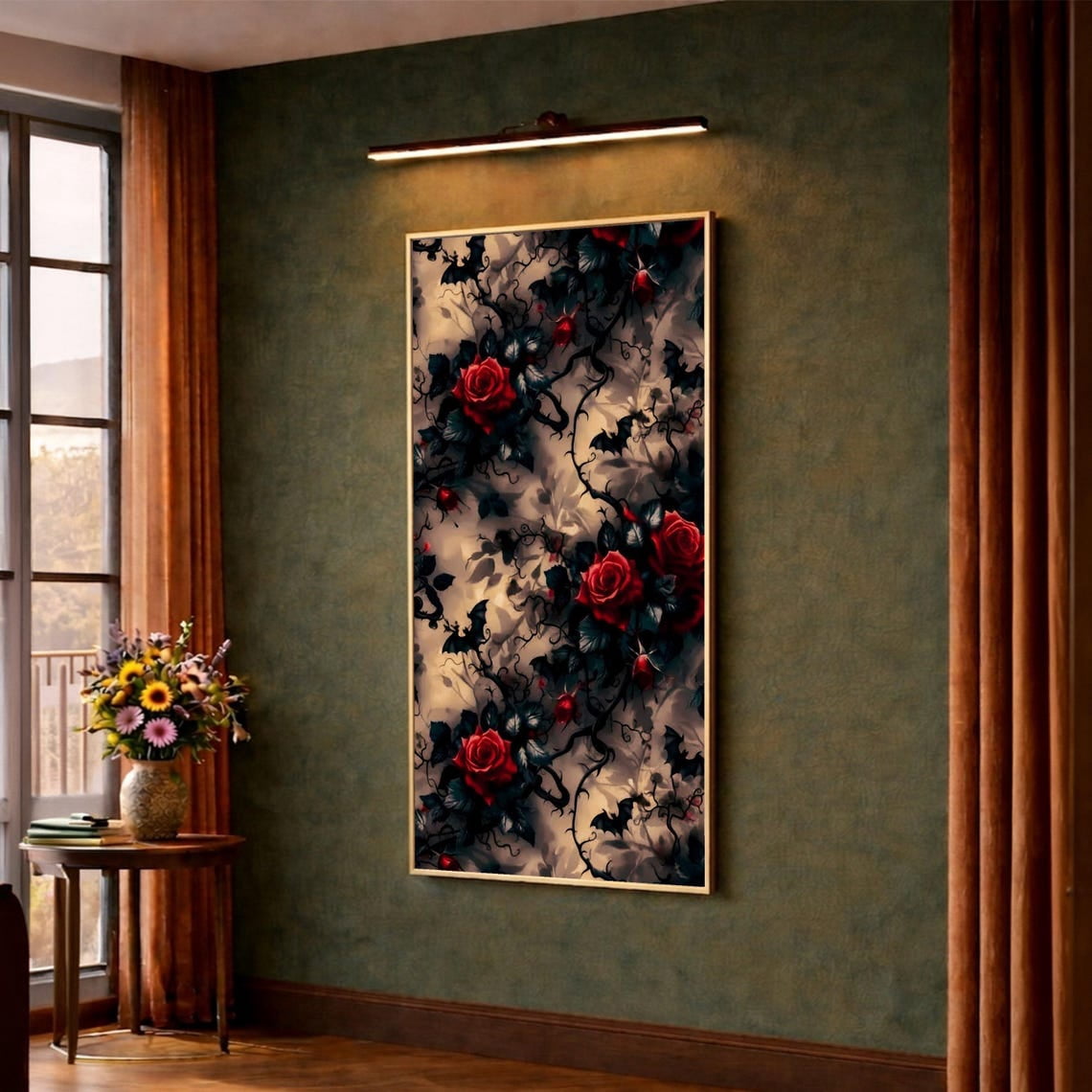 Gothic Red Roses Wall Art, Dark Floral Vines Design, Unframed Paper ...