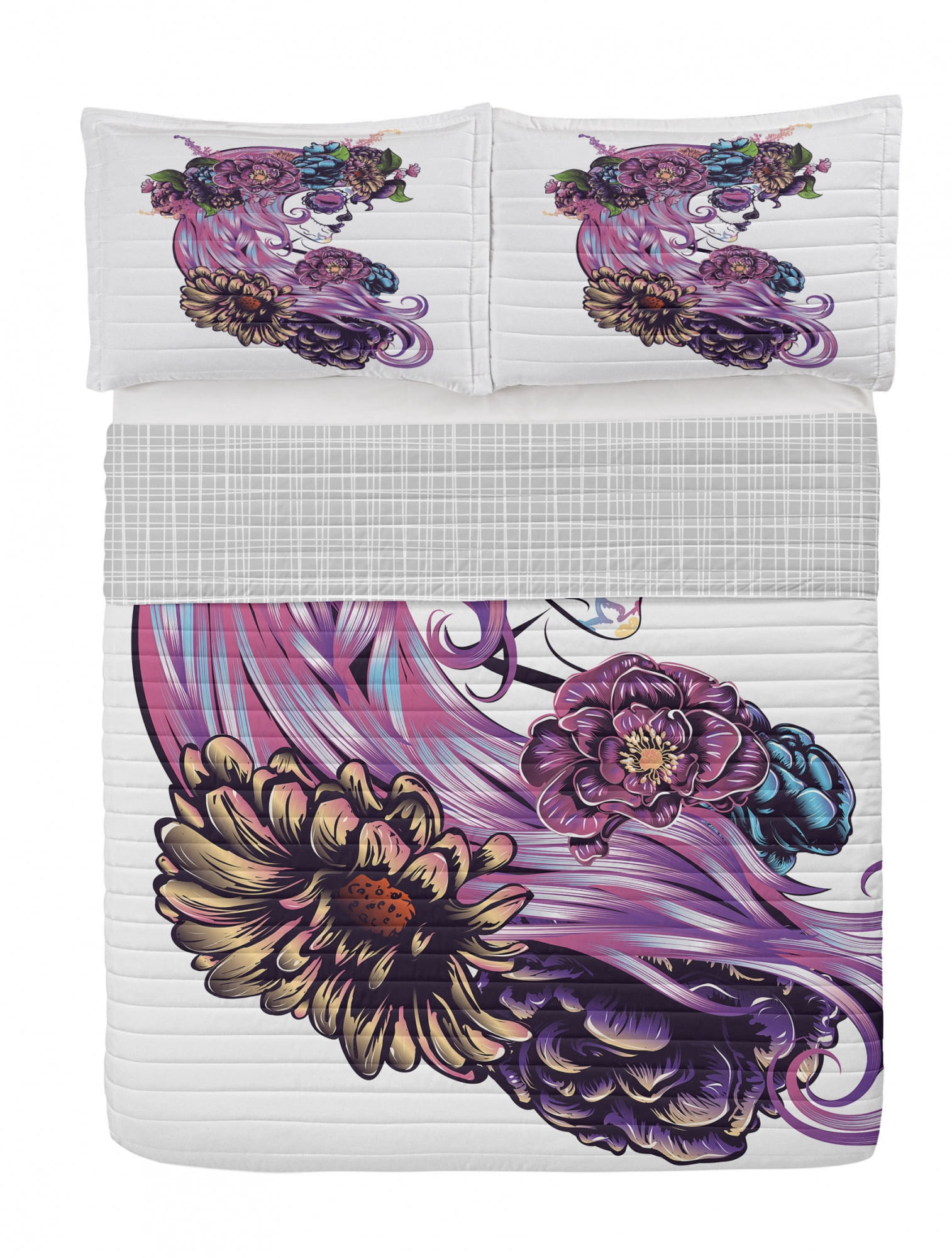 Gothic Reversible Bedspread Set, Day of Dead Sugar Skull Lady in Flower ...