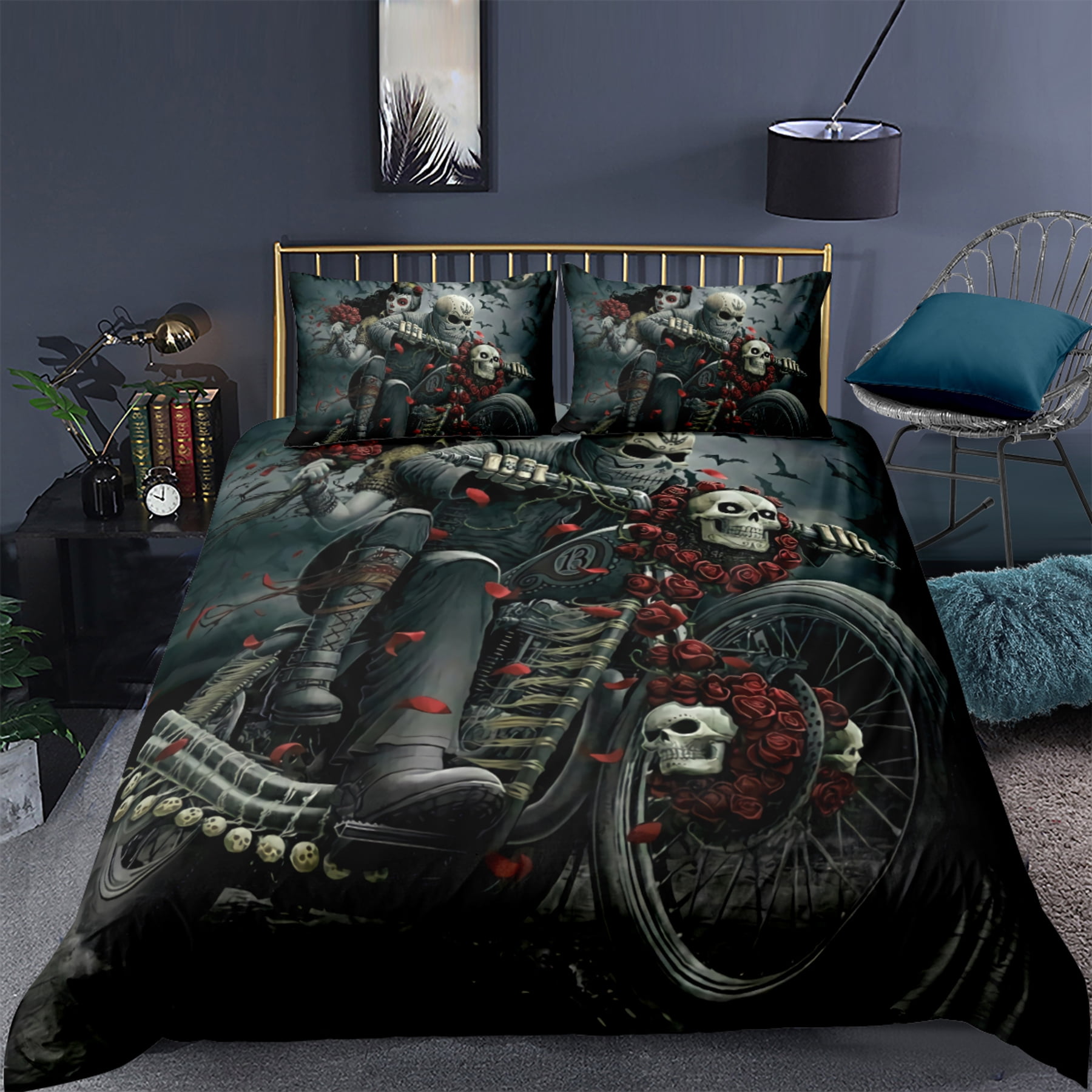 Gothic Rider Bedding Set Dark Floral Design with Roses & Bats Perfect ...