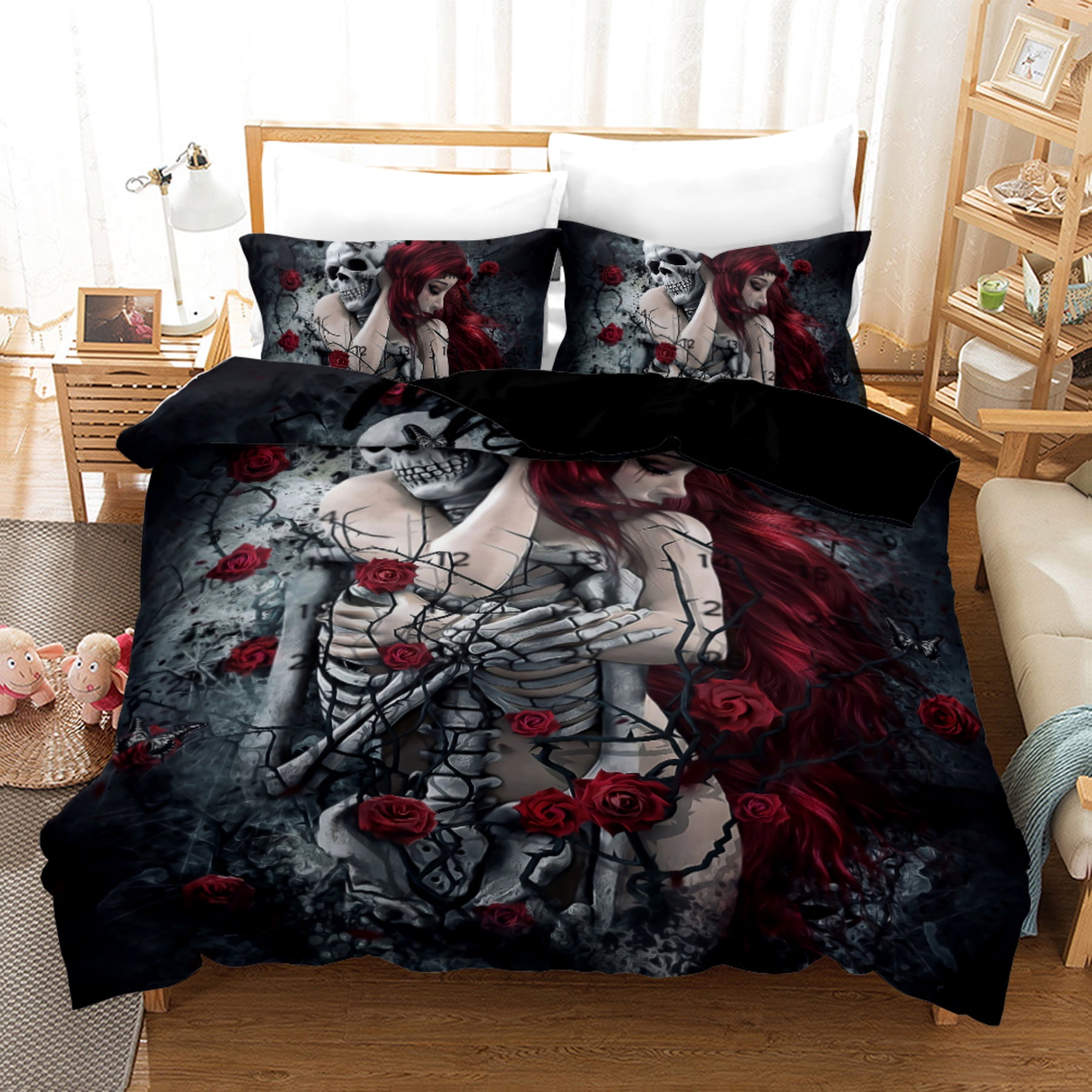 Gothic Romance Duvet Cover Set Dark Roses Skeleton Embrace & Red Hair ...