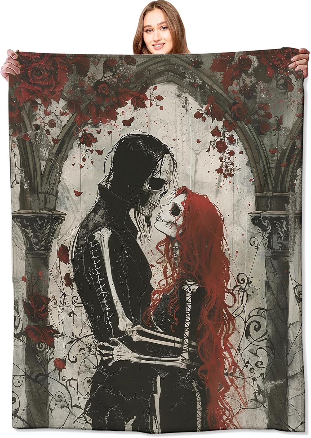 Gothic Romance Skull Lovers Blanket,Red Rose Skeleton Throw Blankets ...