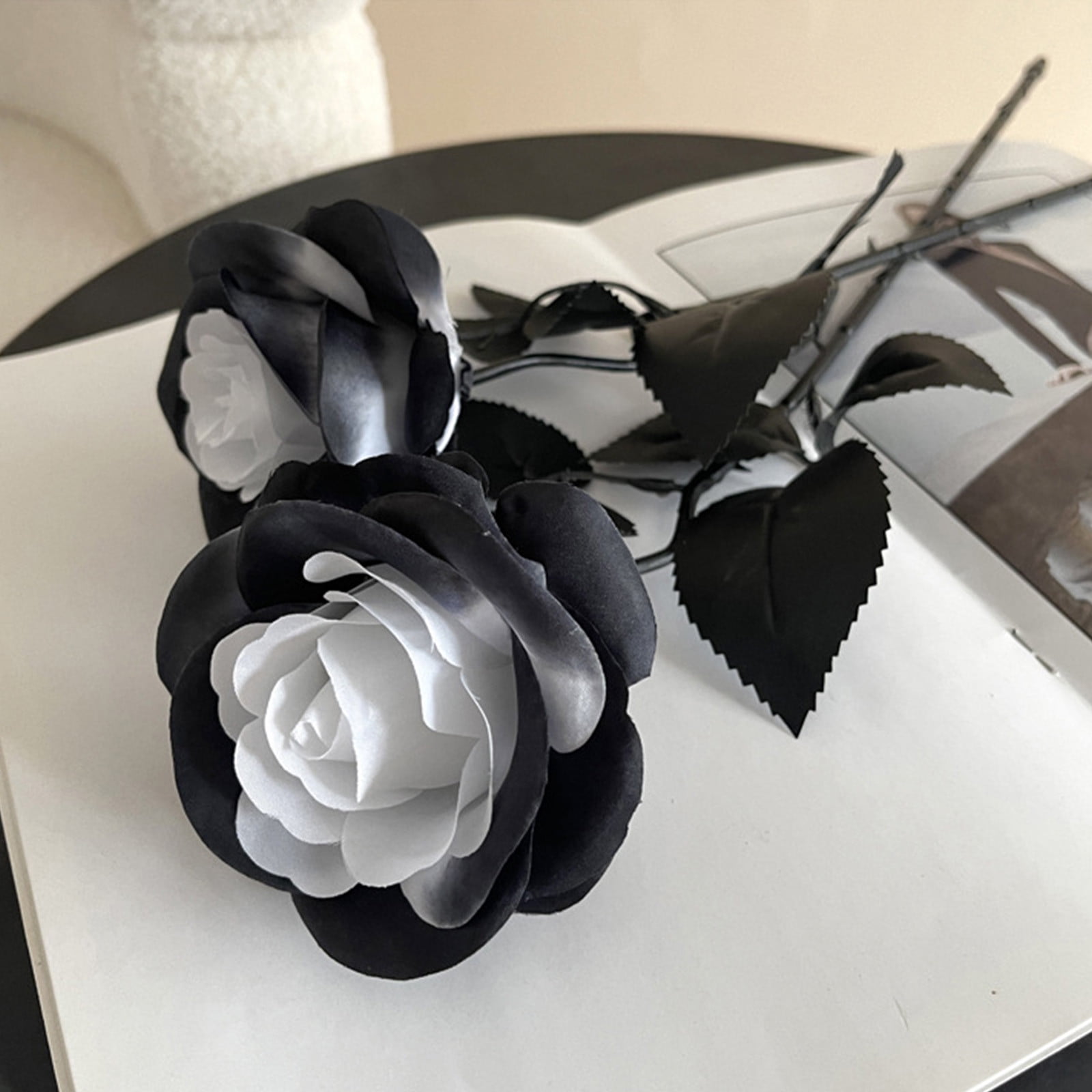 Gothic Rose Artificial Flower, Dark Red & White Silk Rose with Long ...