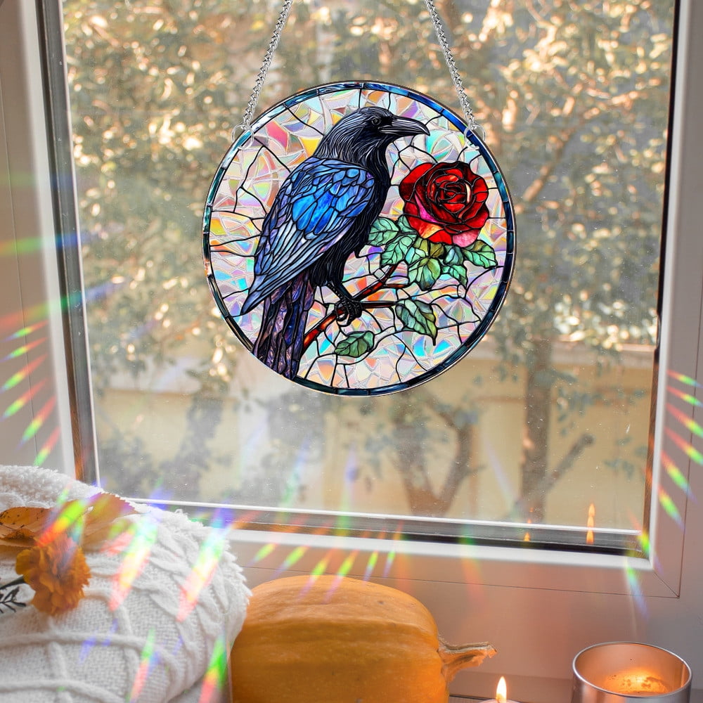 ‌Gothic Rose & Crow Sun Catcher | Halloween Light Refractor Pendant ...
