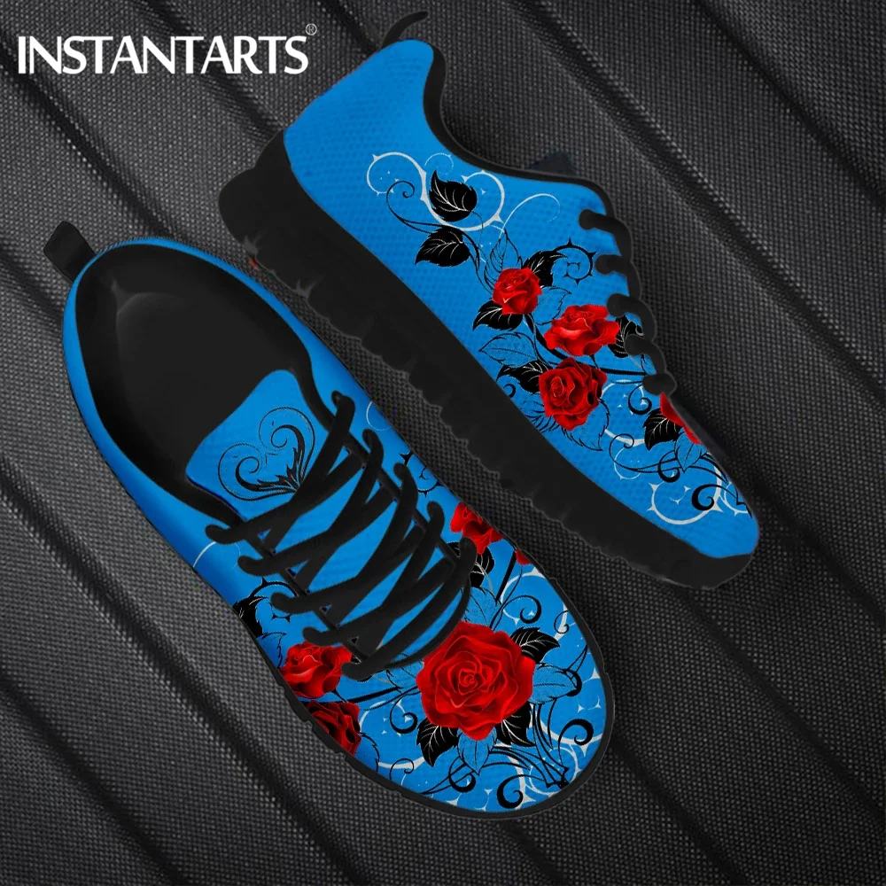 Gothic Rose Flower Printed Sneakers For Women Breathable Ladies Sport