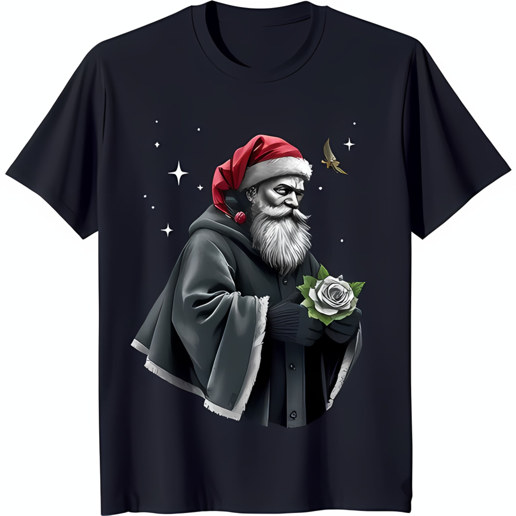 Gothic Santa Claus Black T-Shirt Dark Robe & White Rose Design with ...