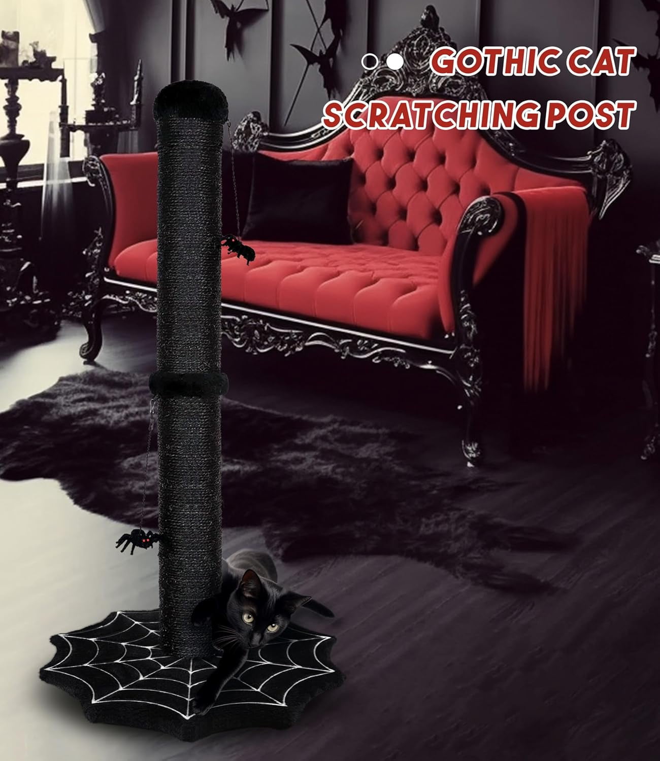 Gothic Scratching Post with Dangling Toys for Indoor Cats, Halloween ...