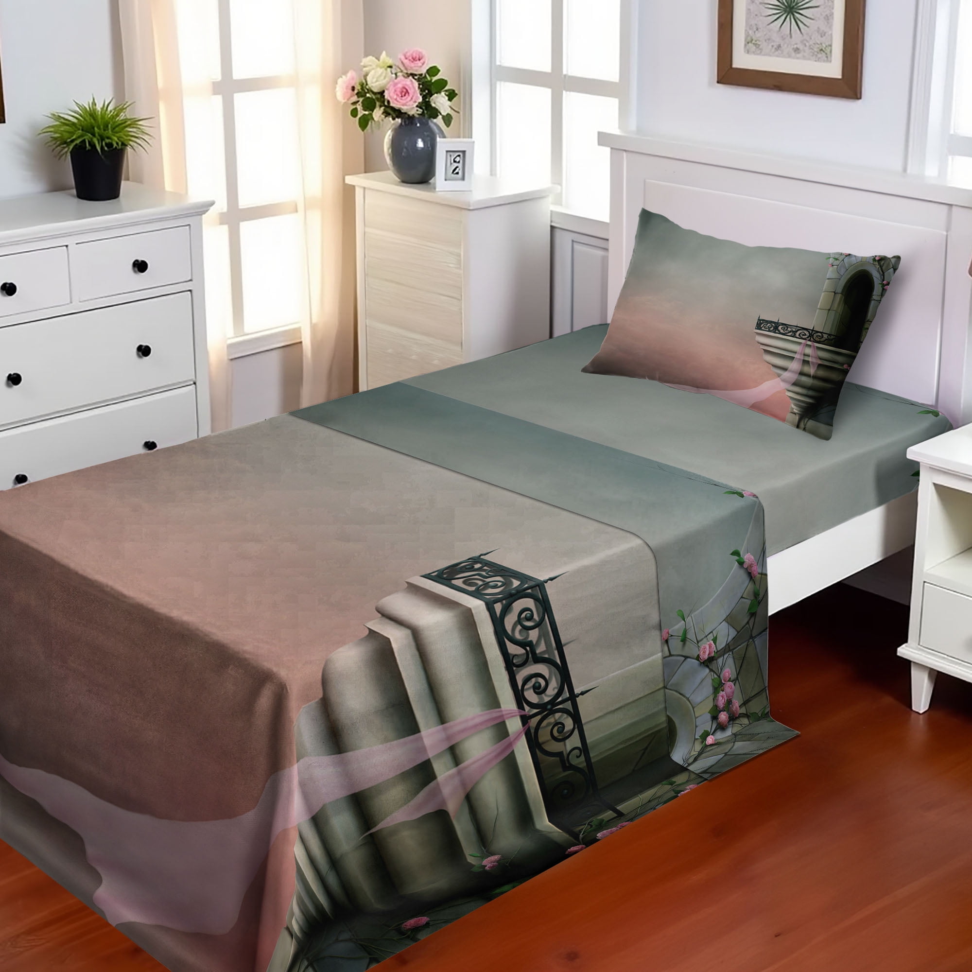 Ambesonne Gothic Fitted & Top Sheet Set with Sham, Old Medieval Tower ...