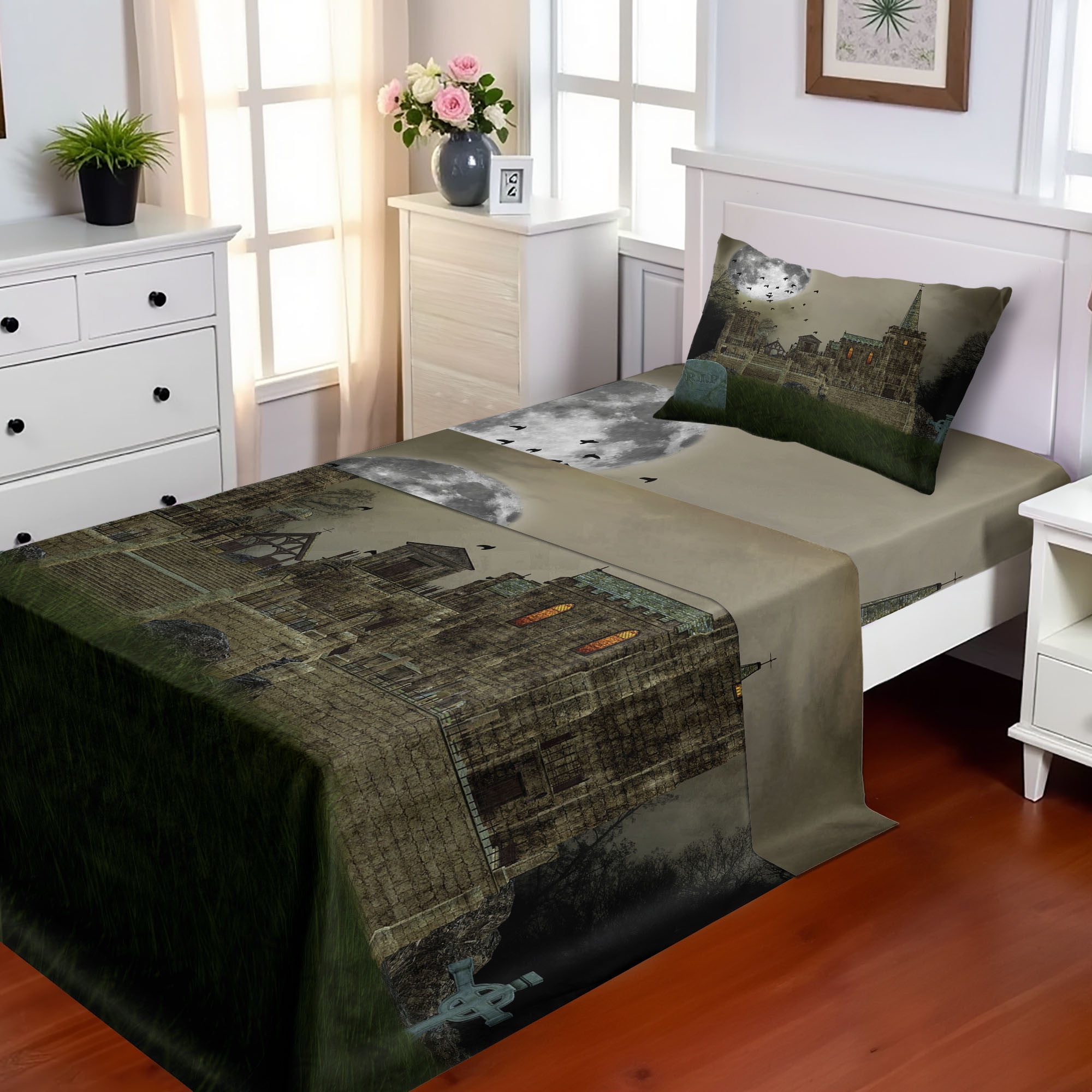 Ambesonne Gothic Fitted & Top Sheet Set with Sham, Old Village and ...