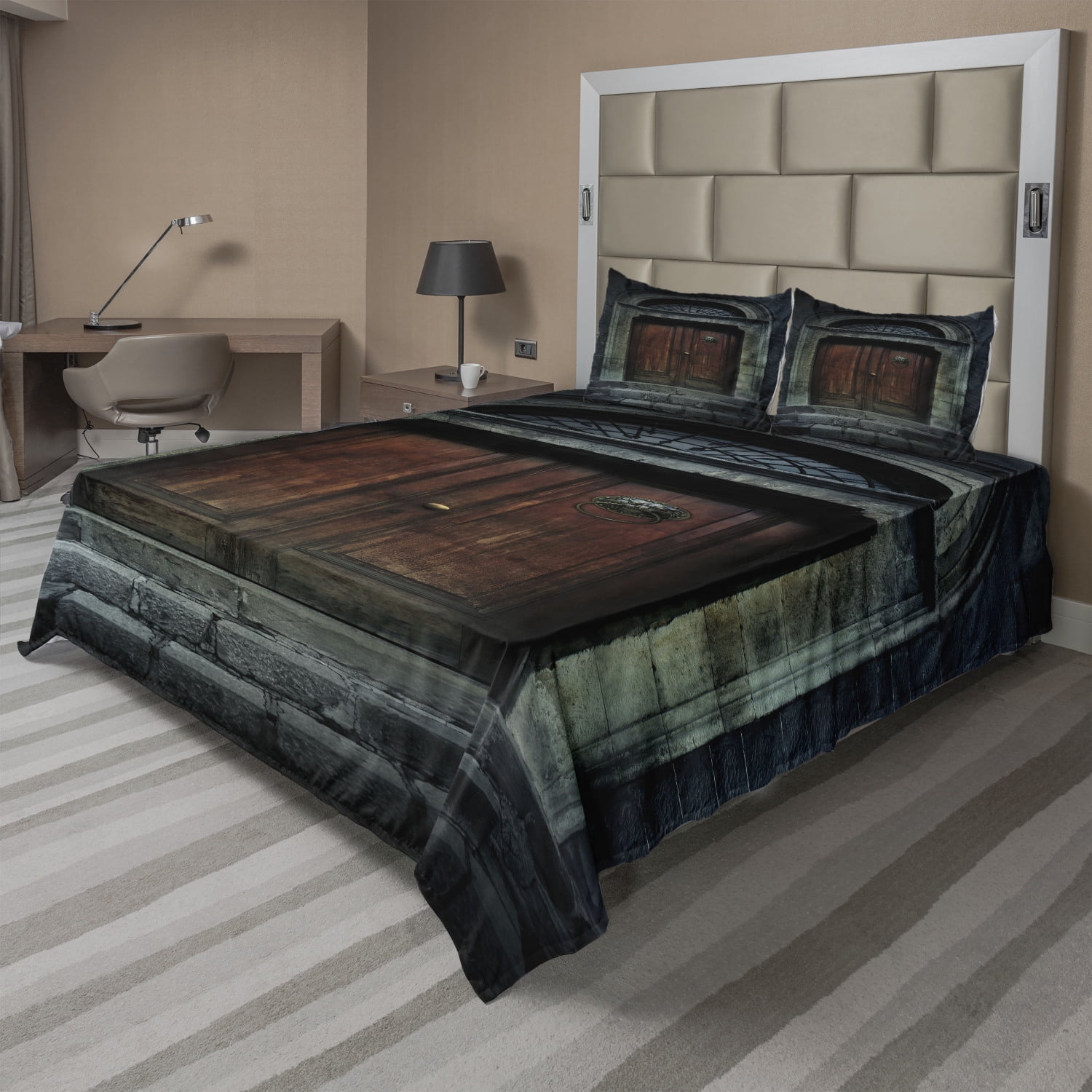 Ambesonne Gothic Fitted & Top Sheet Set with Shams, Antique Wooden Door ...