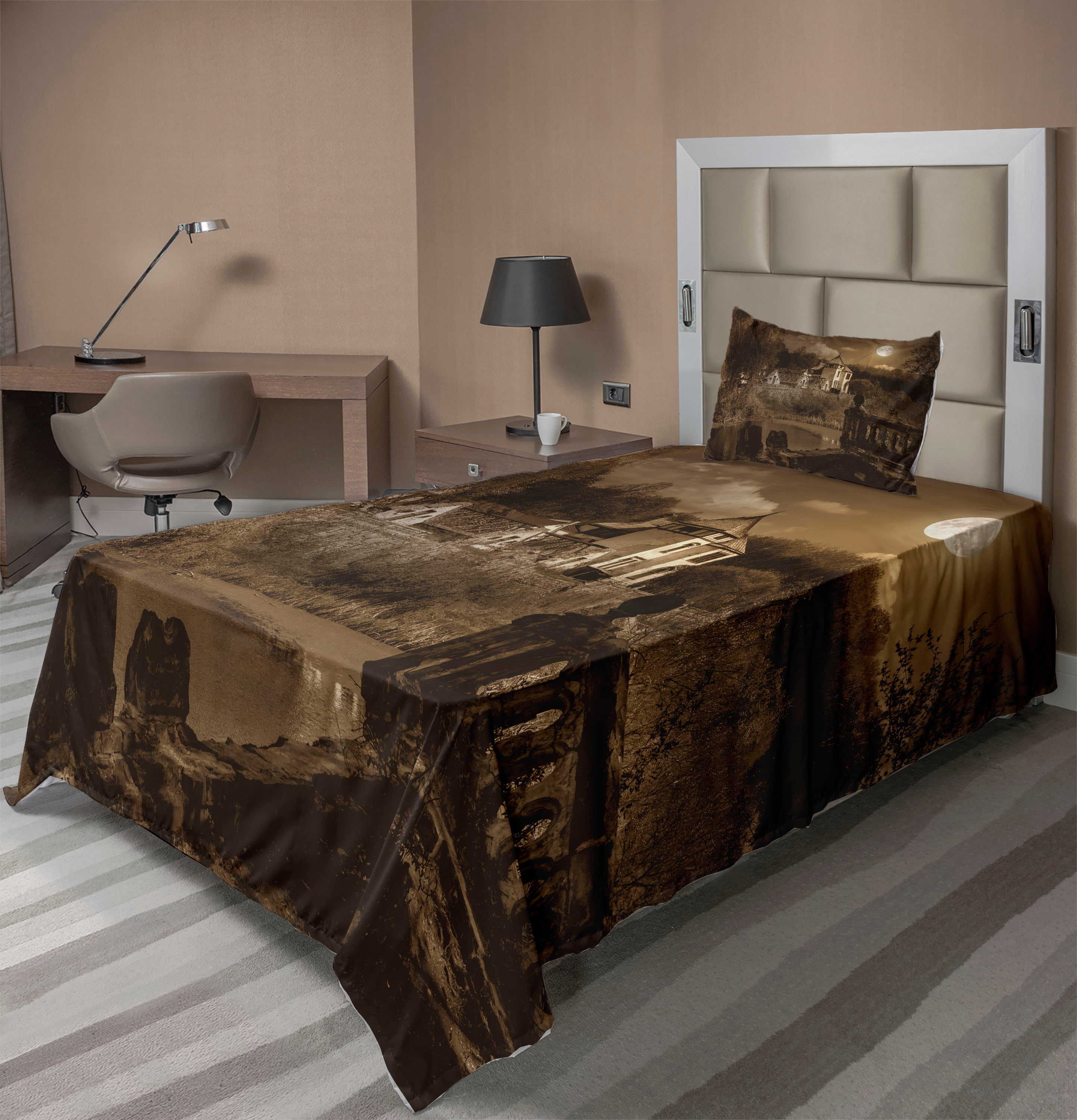 Ambesonne Brown Fitted & Top Sheet Set with Sham, Medieval House, Brown ...