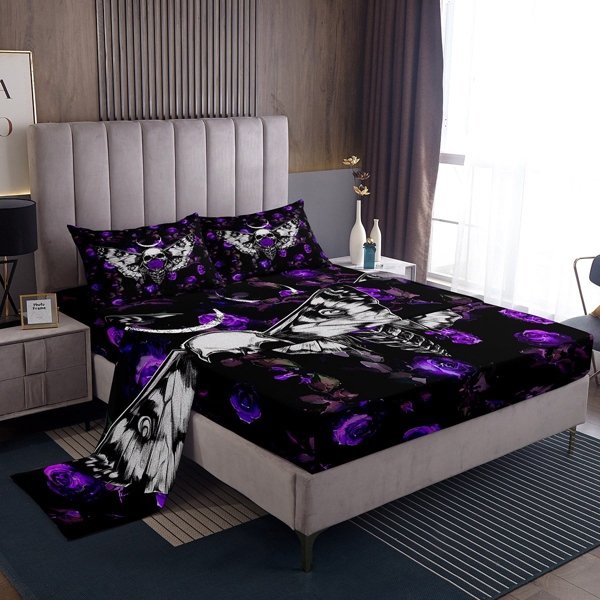 Gothic Sheet Set Sugar Skull Moth Sheets Exotic Purple Rose Bed Sheets ...