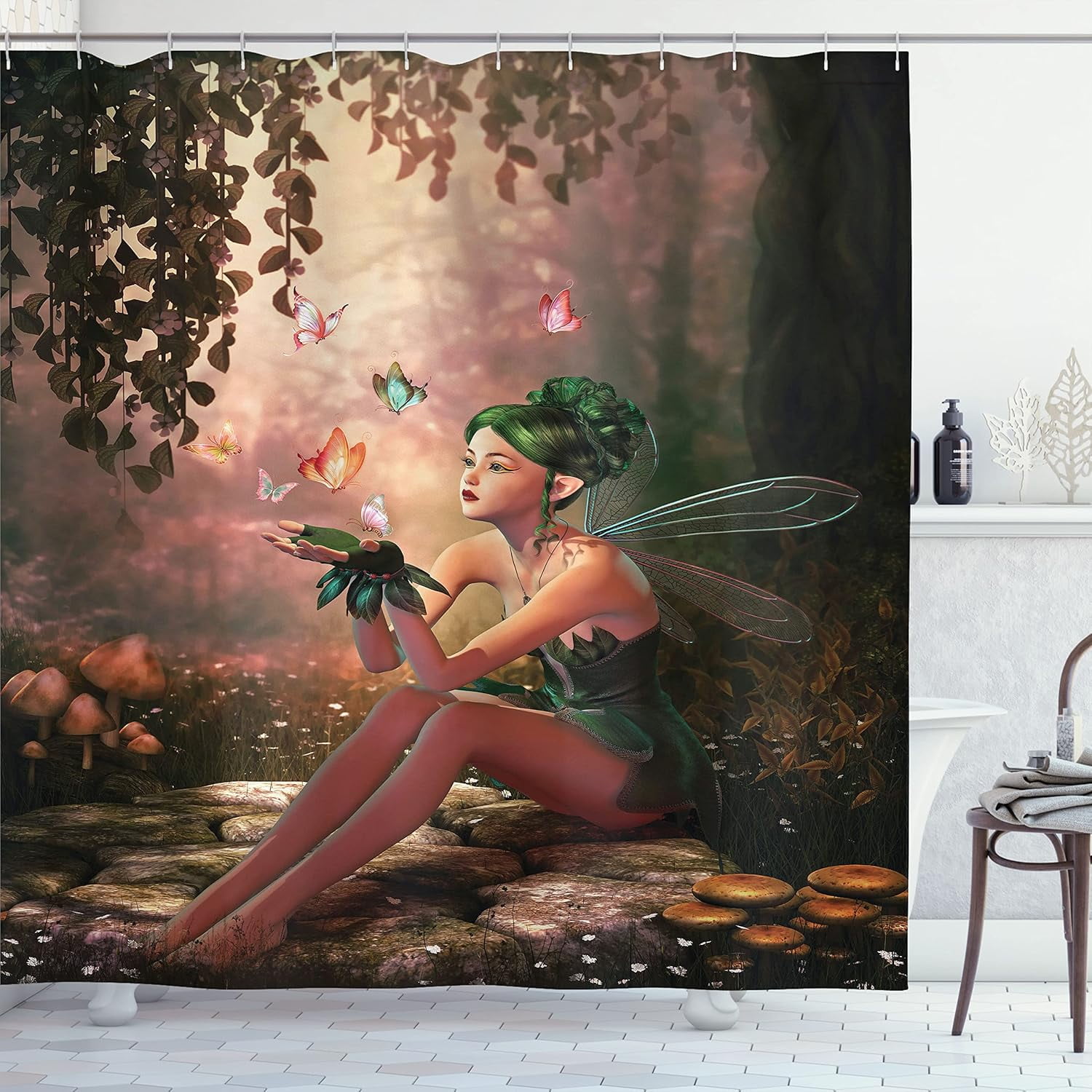 Gothic Shower Curtain, Greek Style Scene Climber Pillow Fruits Vine and Red Curtain Sunset ...