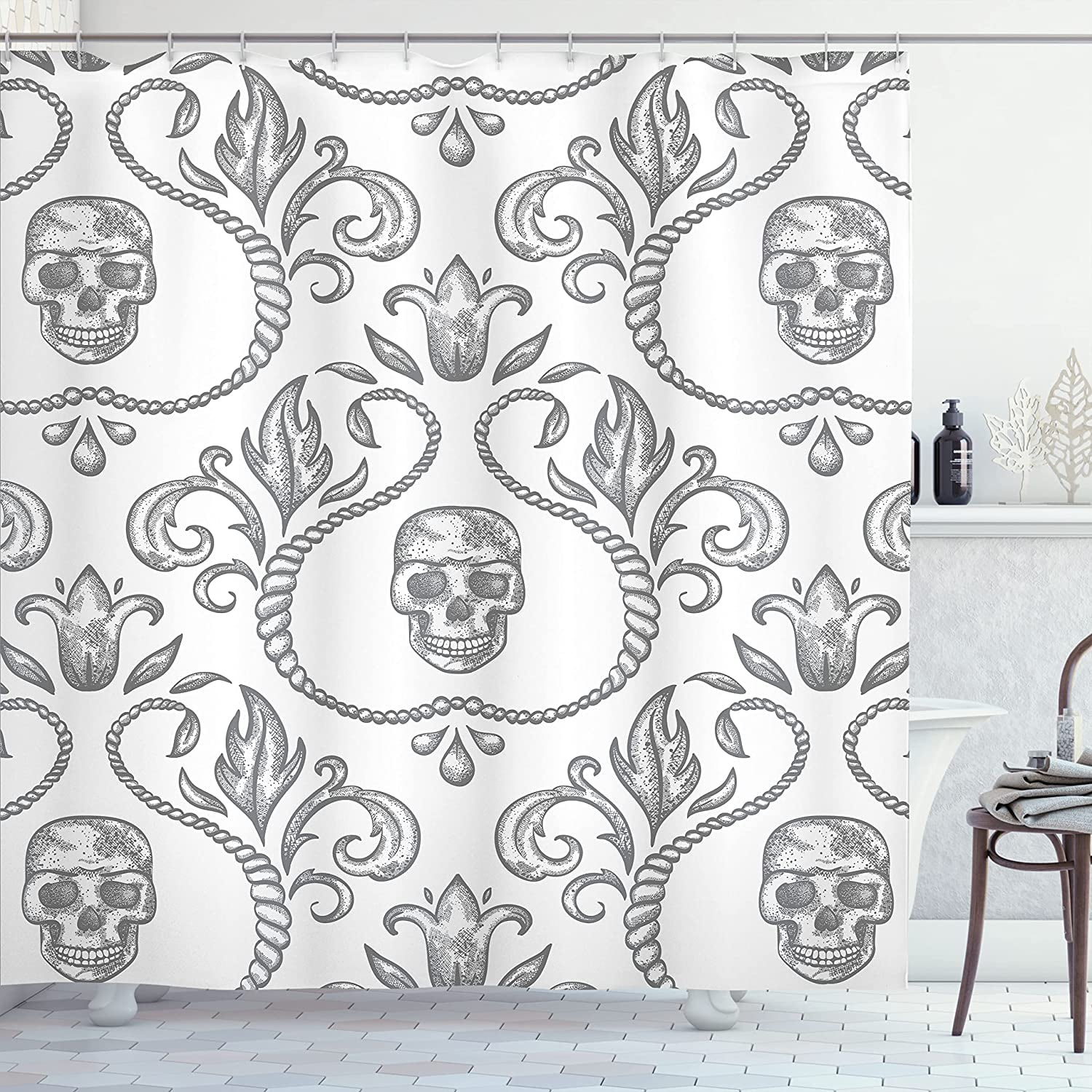 Gothic Shower Curtain, Ornament Skull Goth Skeleton Floral Motifs in ...