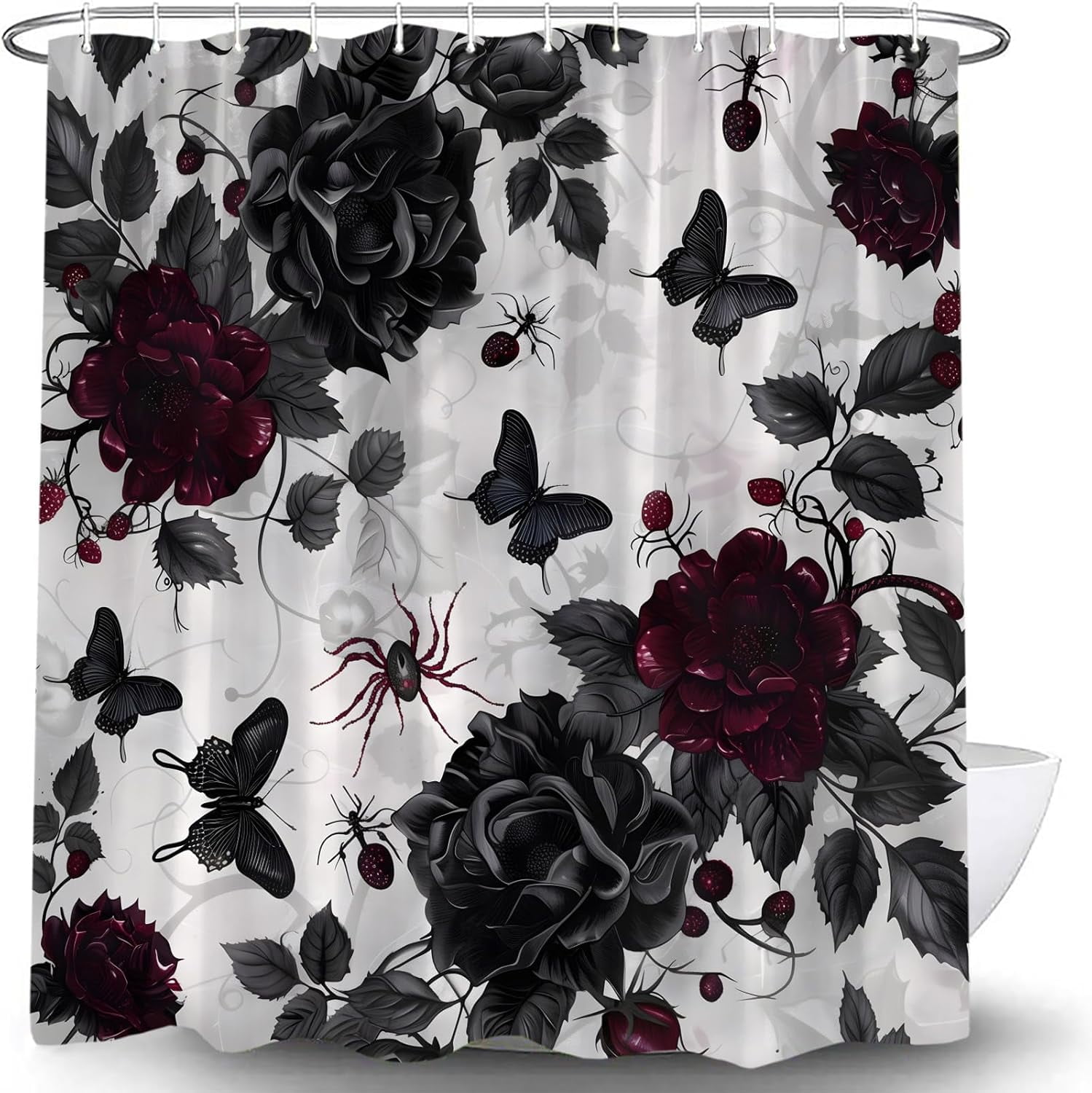 Gothic Shower Curtain Scary Red Black Dark Rose Floral Butterfly ...