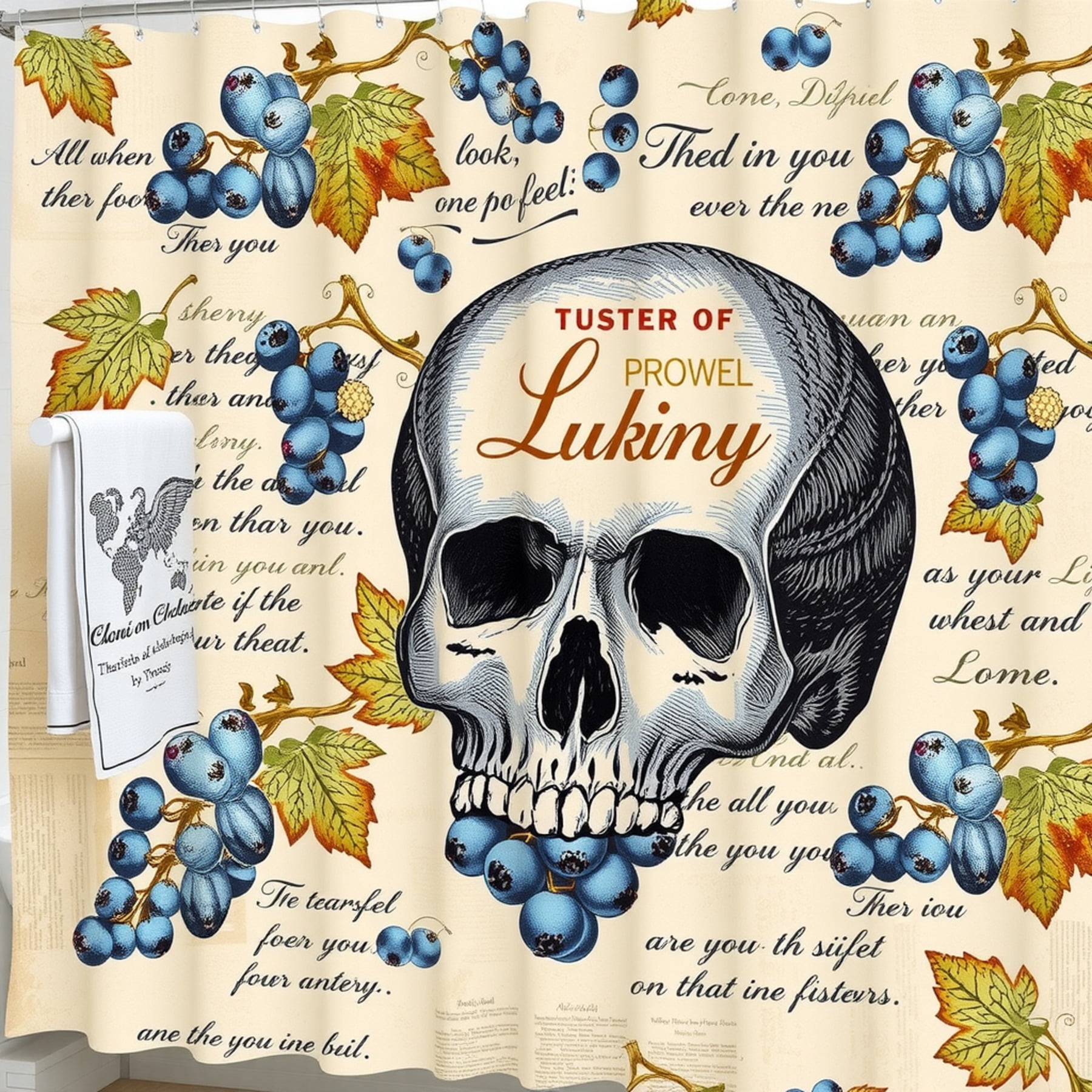 Gothic Shower Curtain with Blueberries & Whimsical Phrases - Cream ...