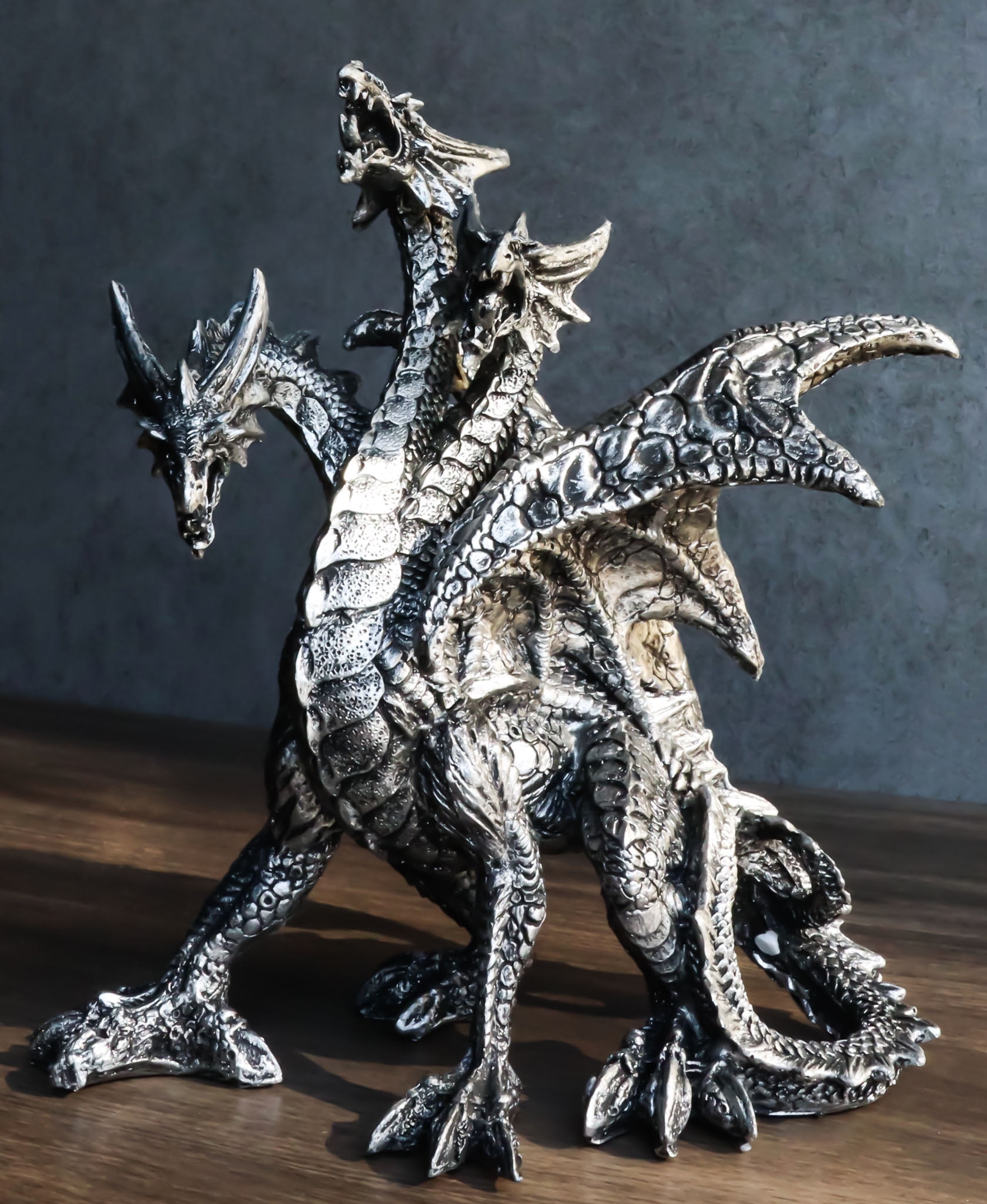 Gothic Silver Three Headed Dragon Hydra Roaring Statue 8" Tall Figurine ...
