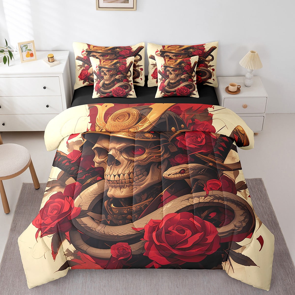 Gothic Skeleton 7 Pieces Bed in a Bag Twin,Sugar Skull Bedding Set Bed ...