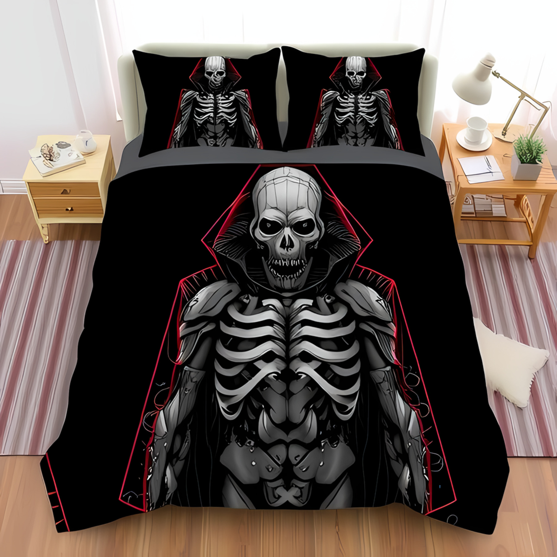 Gothic Skeleton Bedspread Set Striking Gray & White Design with Red ...