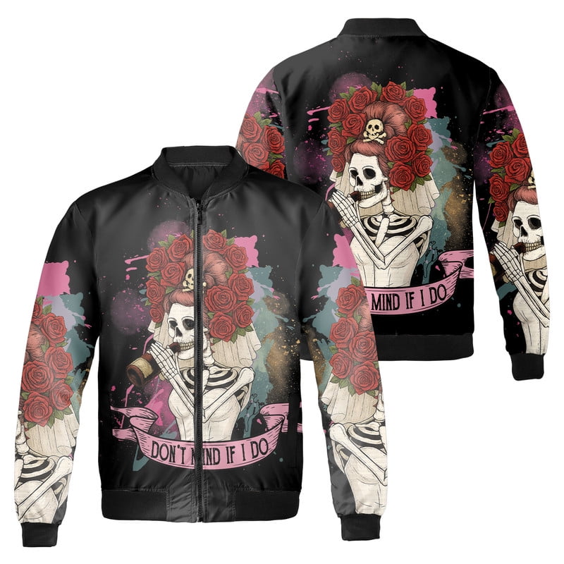 Gothic Skeleton Bride Bomber Jacket – “Don’t Mind If I Do” Skull Rose ...
