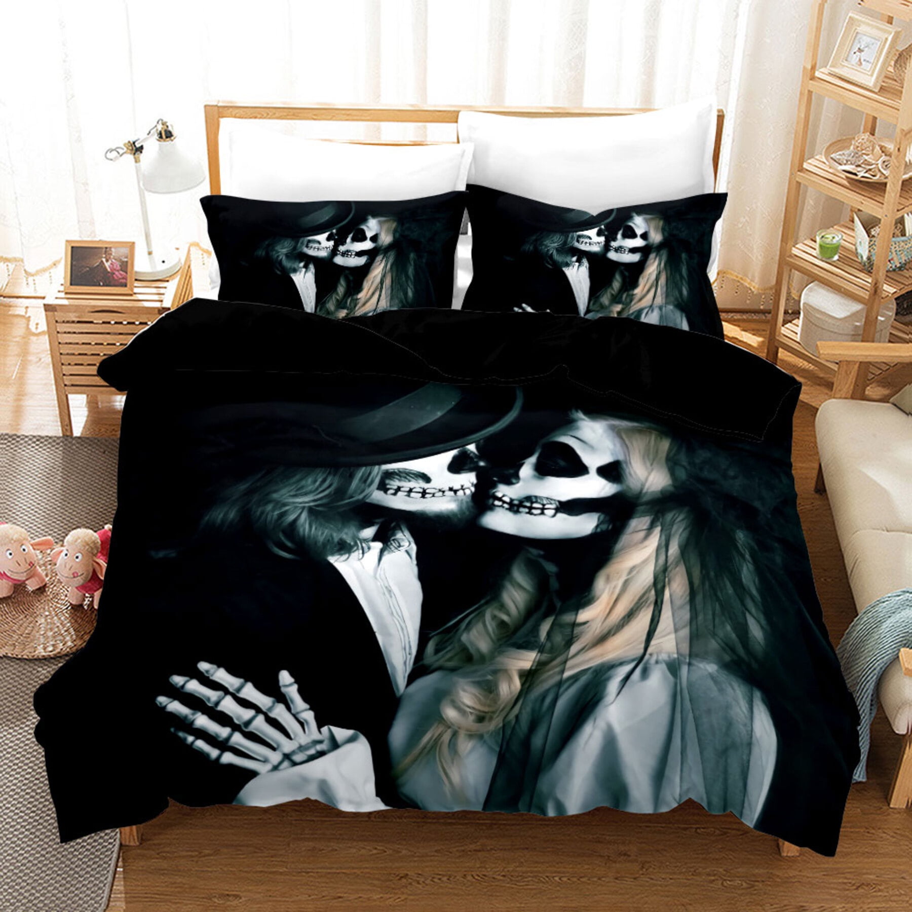 Gothic Skeleton Couple Bedding Set Elegant Dark Teal & Grayscale Design ...