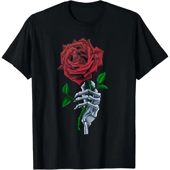 Gothic Skeleton Hand Holding Red Rose Unisex Casual Graphic Short ...