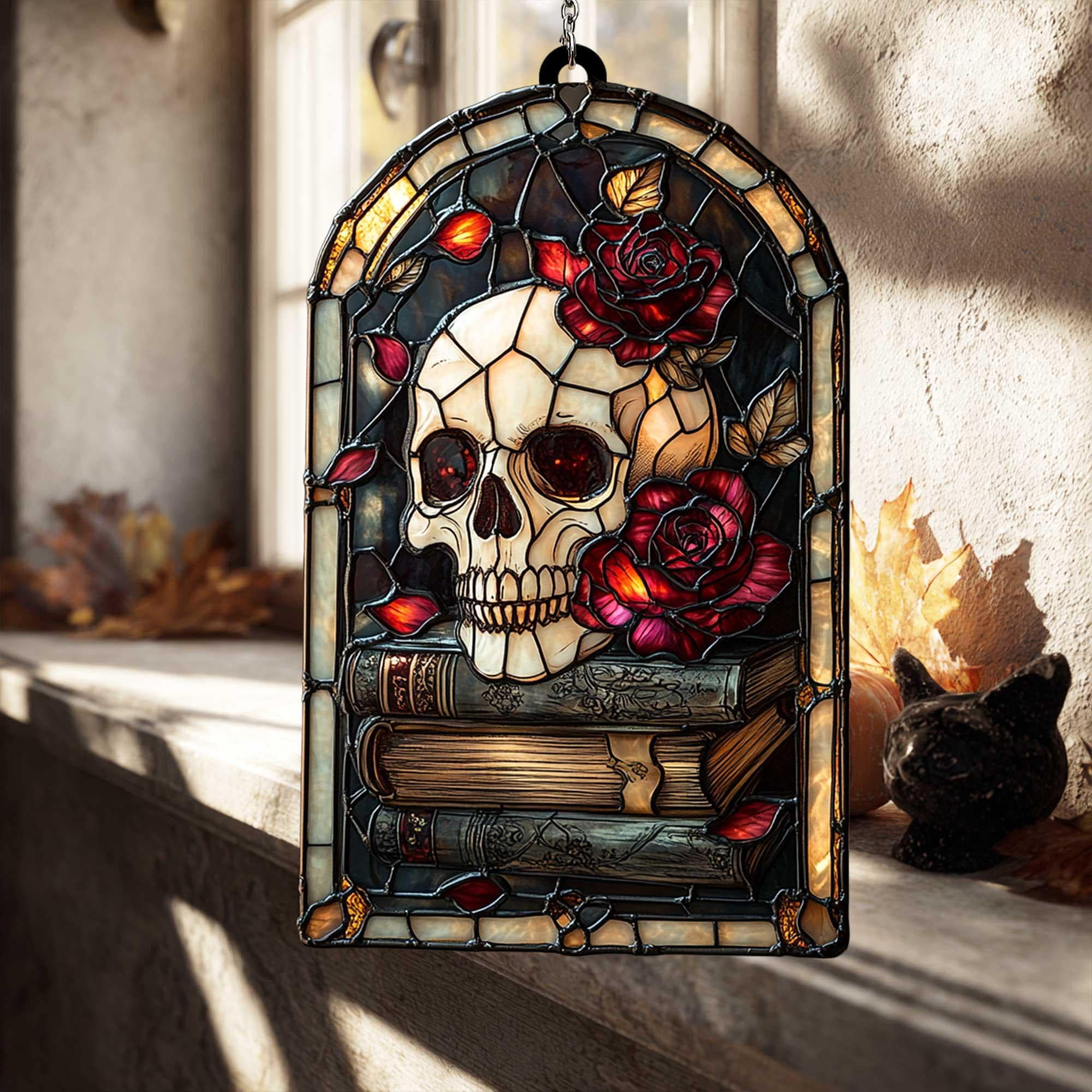 Gothic Skull Acrylic Suncatcher Faux Glass Panel with Red Roses and Old ...