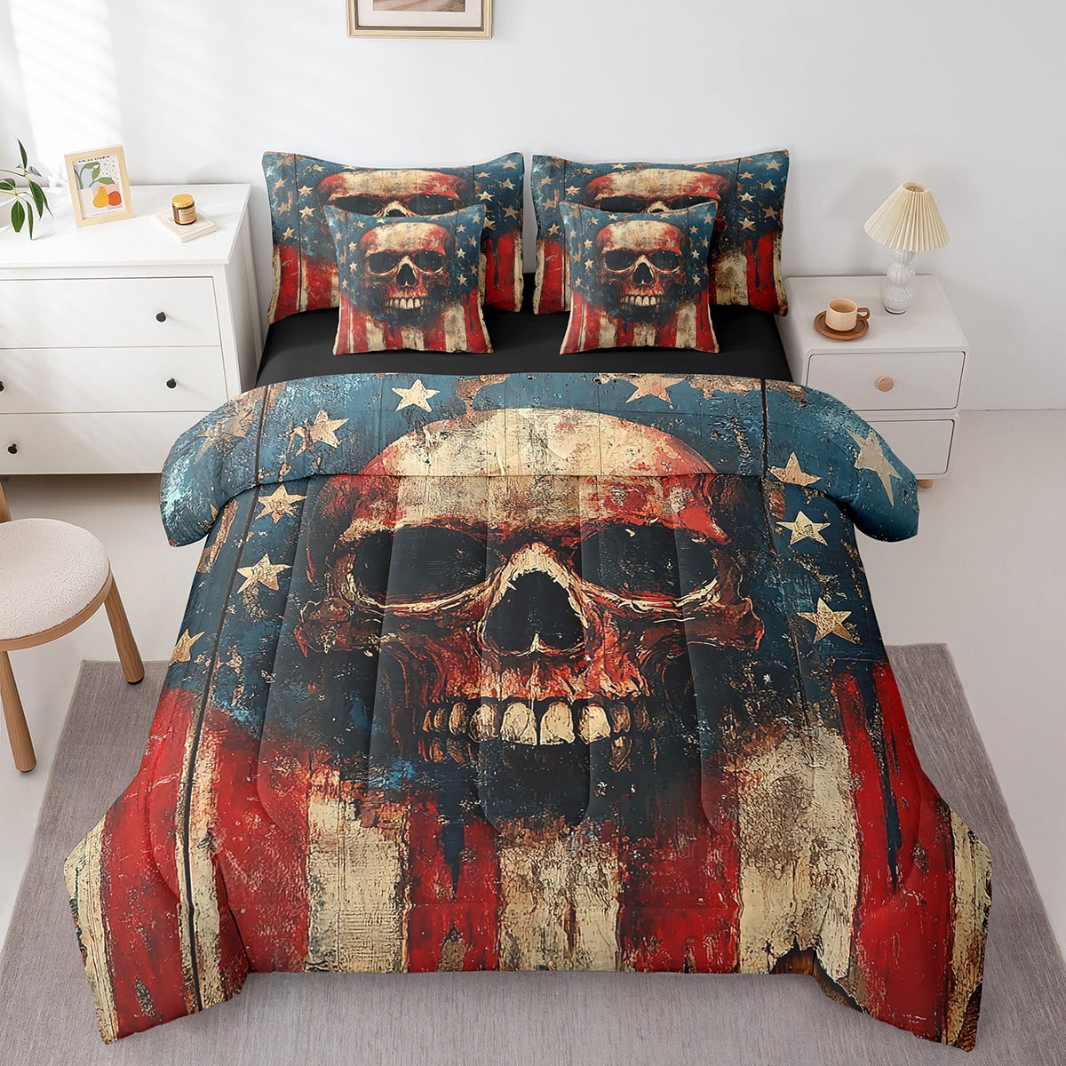 Gothic Skull Bed Set in a Bag 7 Pcs,Vintage American Flag Stars Stripes ...
