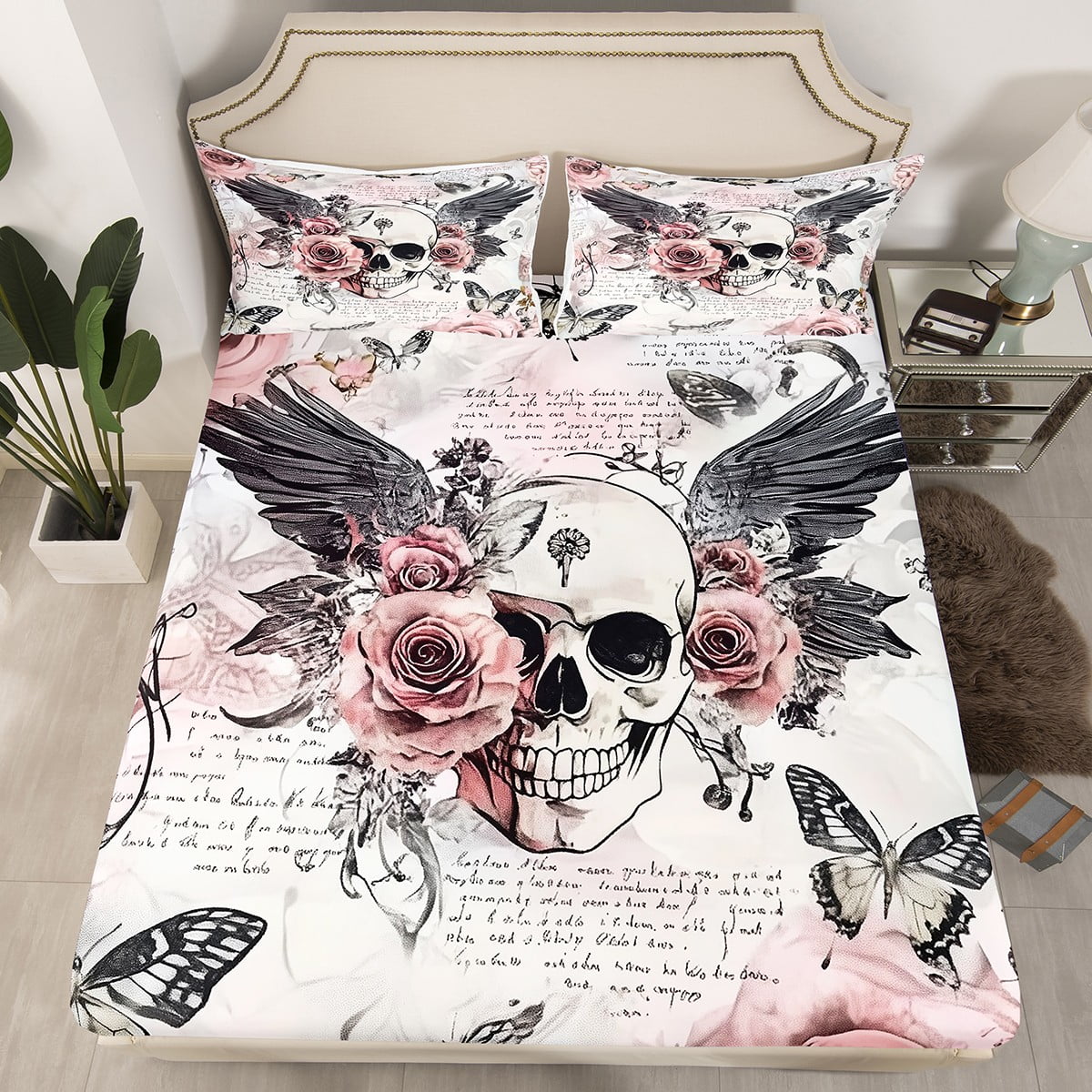Gothic Skull Bed Sheets Butterfly Rose Flower Bedding Sheets Queen Size ...