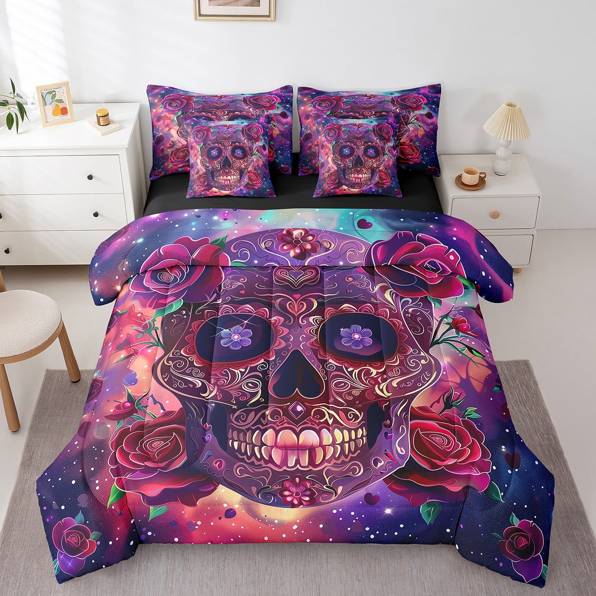 Gothic Skull Bedding Set,Bohemian Floral 7-Piece Comforter Set ...