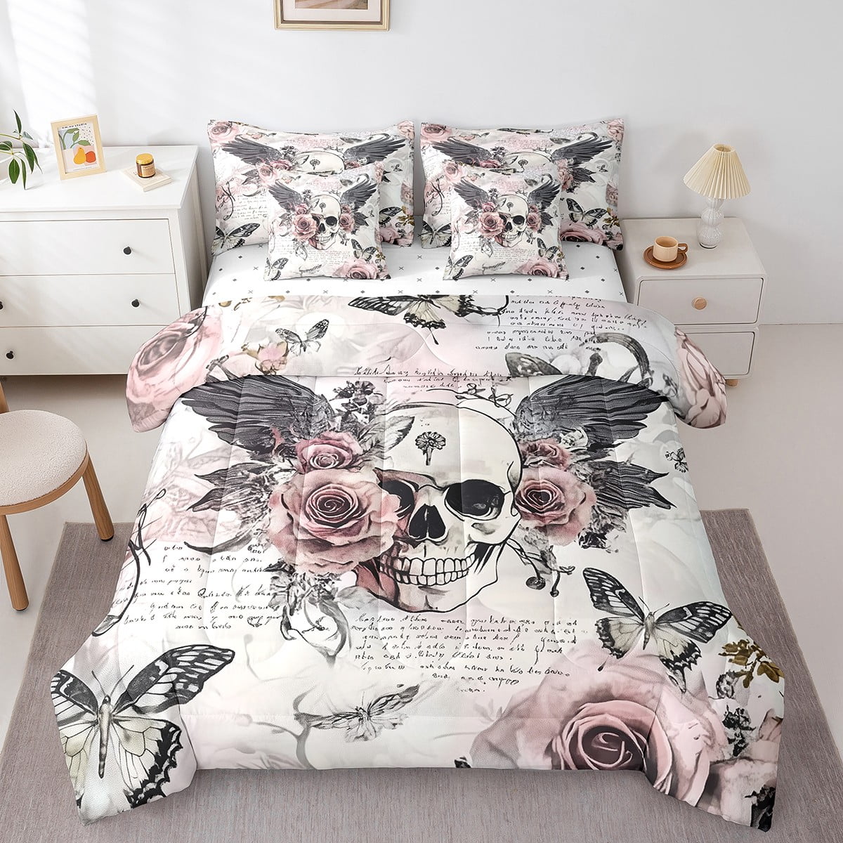 Gothic Skull Bedding Set Butterfly Rose Flower Bed In A Bag Goth Floral ...