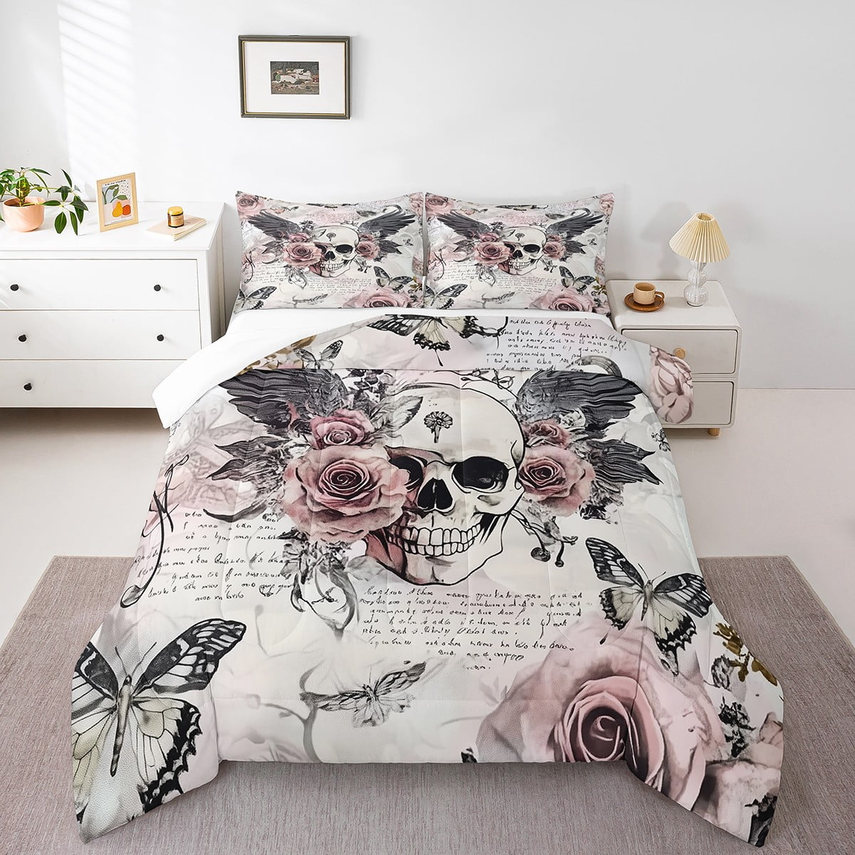Gothic Skull Bedding Set Butterfly Rose Flower Down Comforter Full Size ...