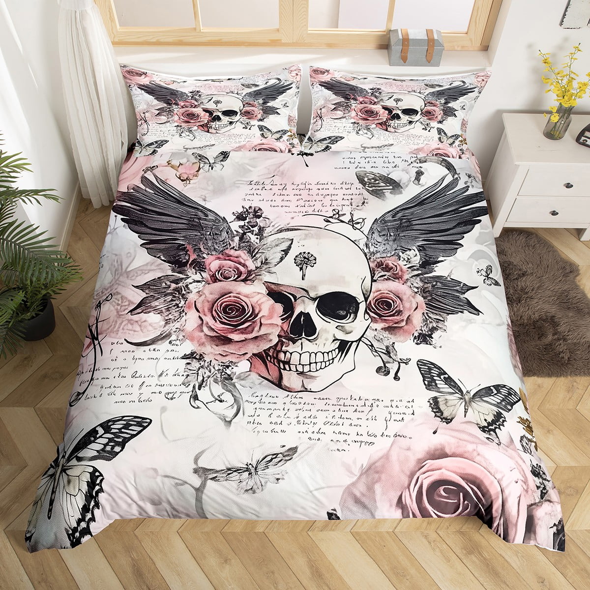 Gothic Skull Bedding Set Butterfly Rose Flower Duvet Cover Goth Floral ...