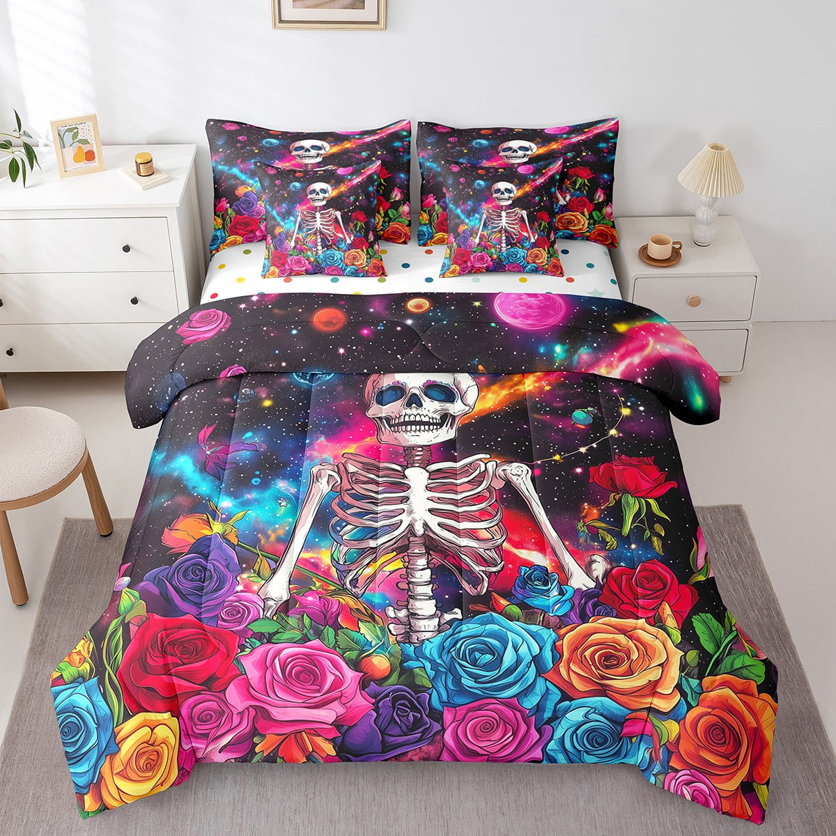Gothic Skull Bedding Set Galaxy Starry Sky Planet Bed In A Bag With ...