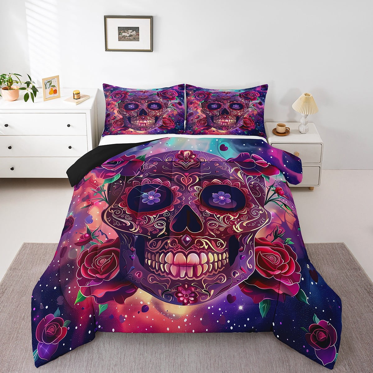 Gothic Skull Bedding Sets,Bohemian Floral Comforter Sets,Halloween ...