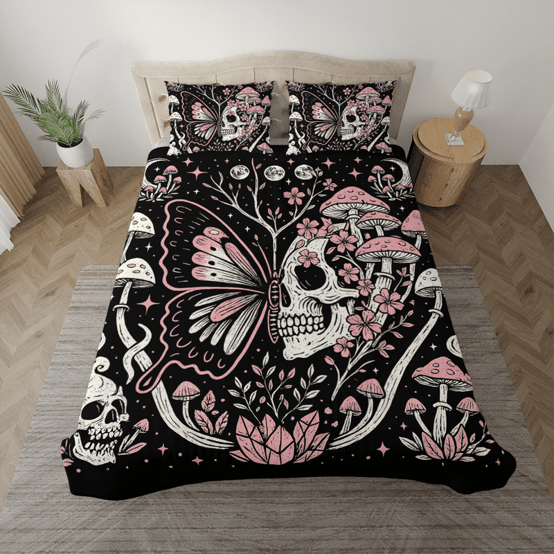 Gothic Skull Butterfly Bedding Set – Dark Art Bedding with Mushrooms ...