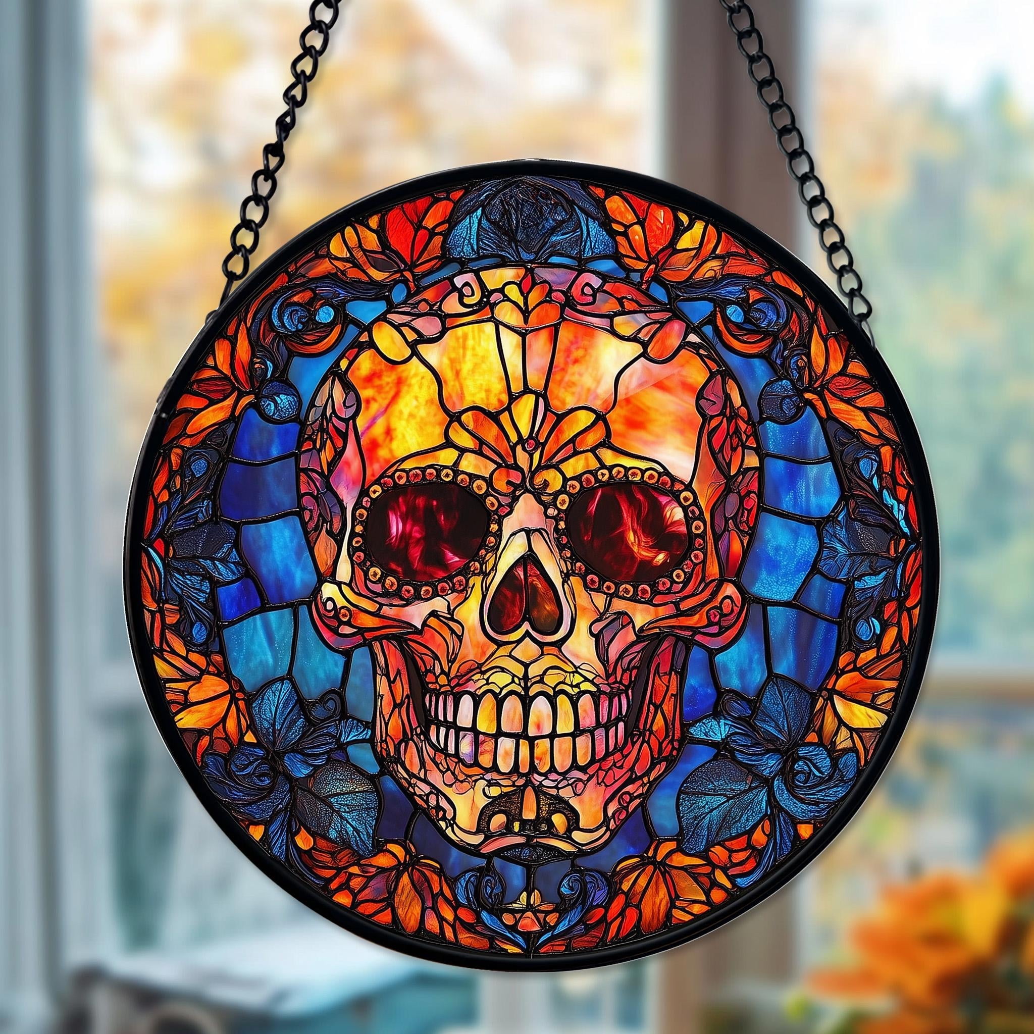 Gothic Skull Cluster Stained Glass Suncatcher for Halloween decor, Faux ...