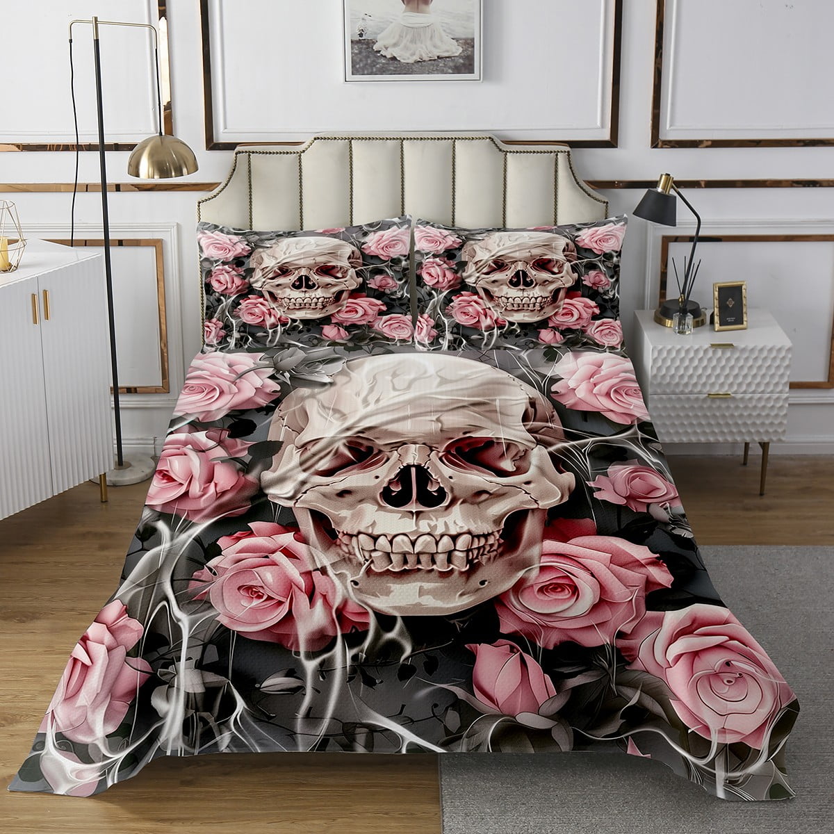 Gothic Skull Coverlet Set Twin Size,Pink Grey Rose Flower Quilt Set ...