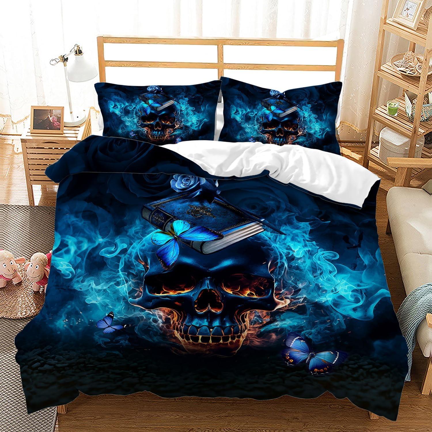 Gothic Skull Duvet Cover Set, 3D Fire Fog Smoke Skull Bedding Set ...