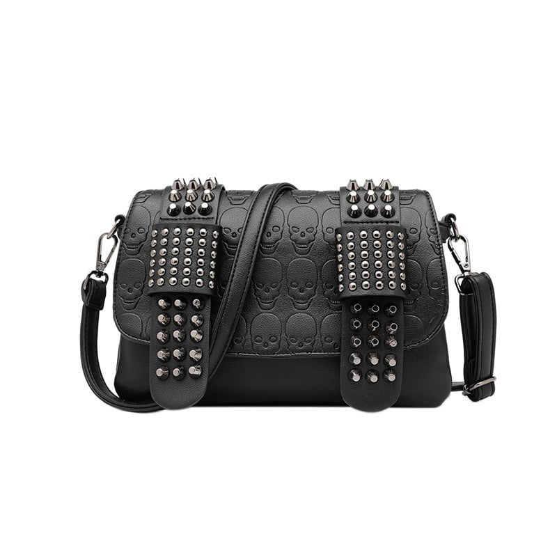 Gothic Skull Embossed Crossbody Bag with Studded Straps, Black Leather ...