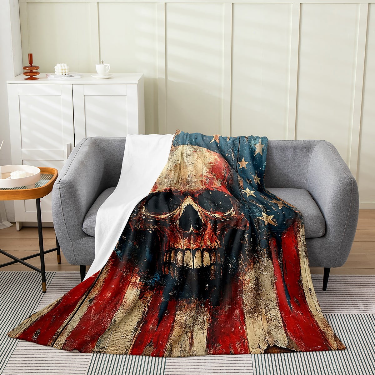 Gothic Skull Fleece Blanket,Vintage American Flag Stars Stripes ...