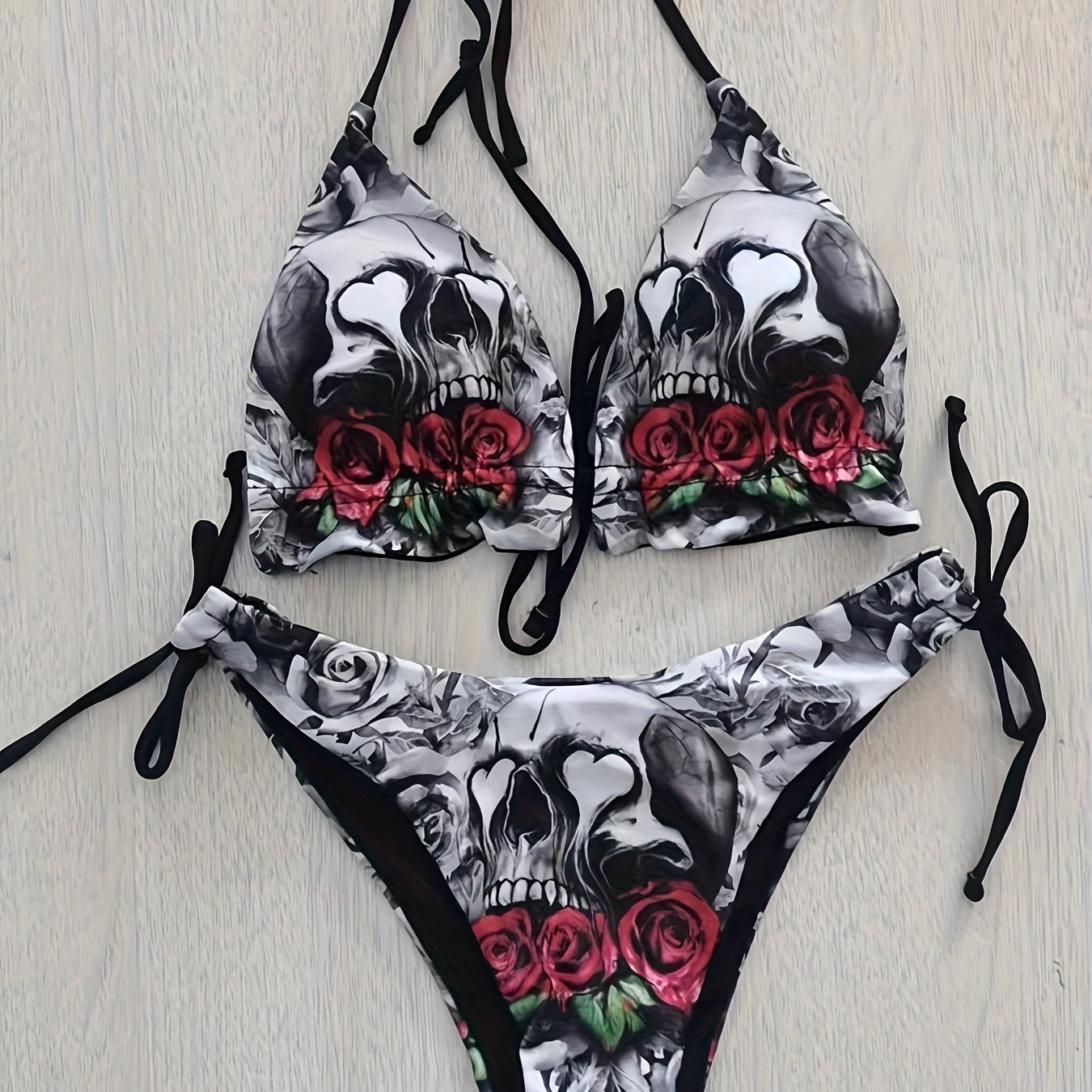 Gothic Skull Floral Print Tie Strap 2 Piece Set Bikini High Stretch
